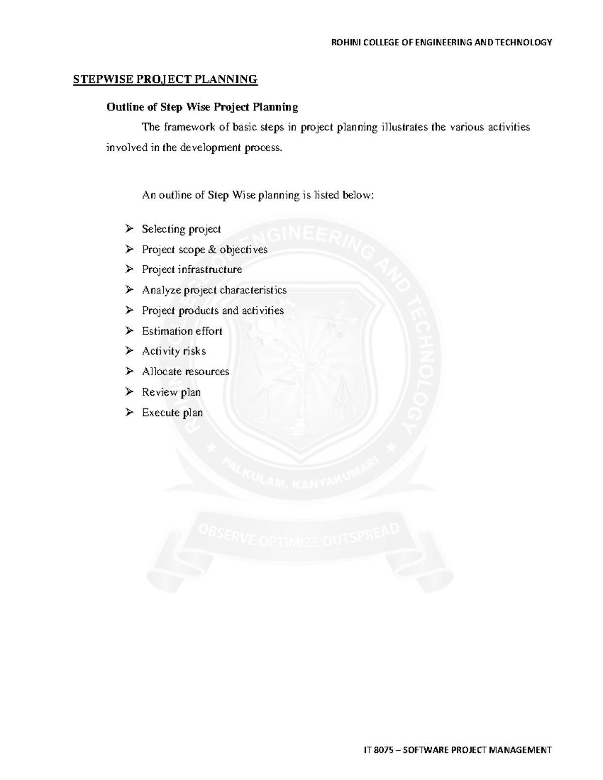 Spm stepwise planning - STEPWISE PROJECT PLANNING Outline of Step Wise ...