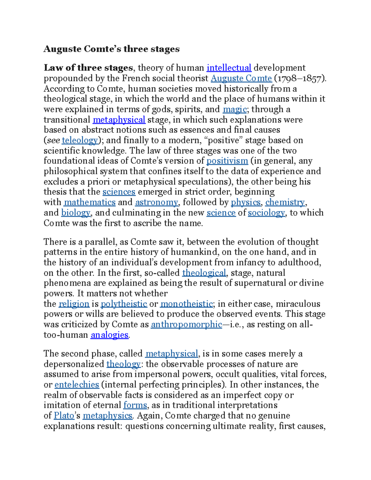 Comte's Law of three stages - Auguste Comte’s three stages Law of three stages, theory of human ...