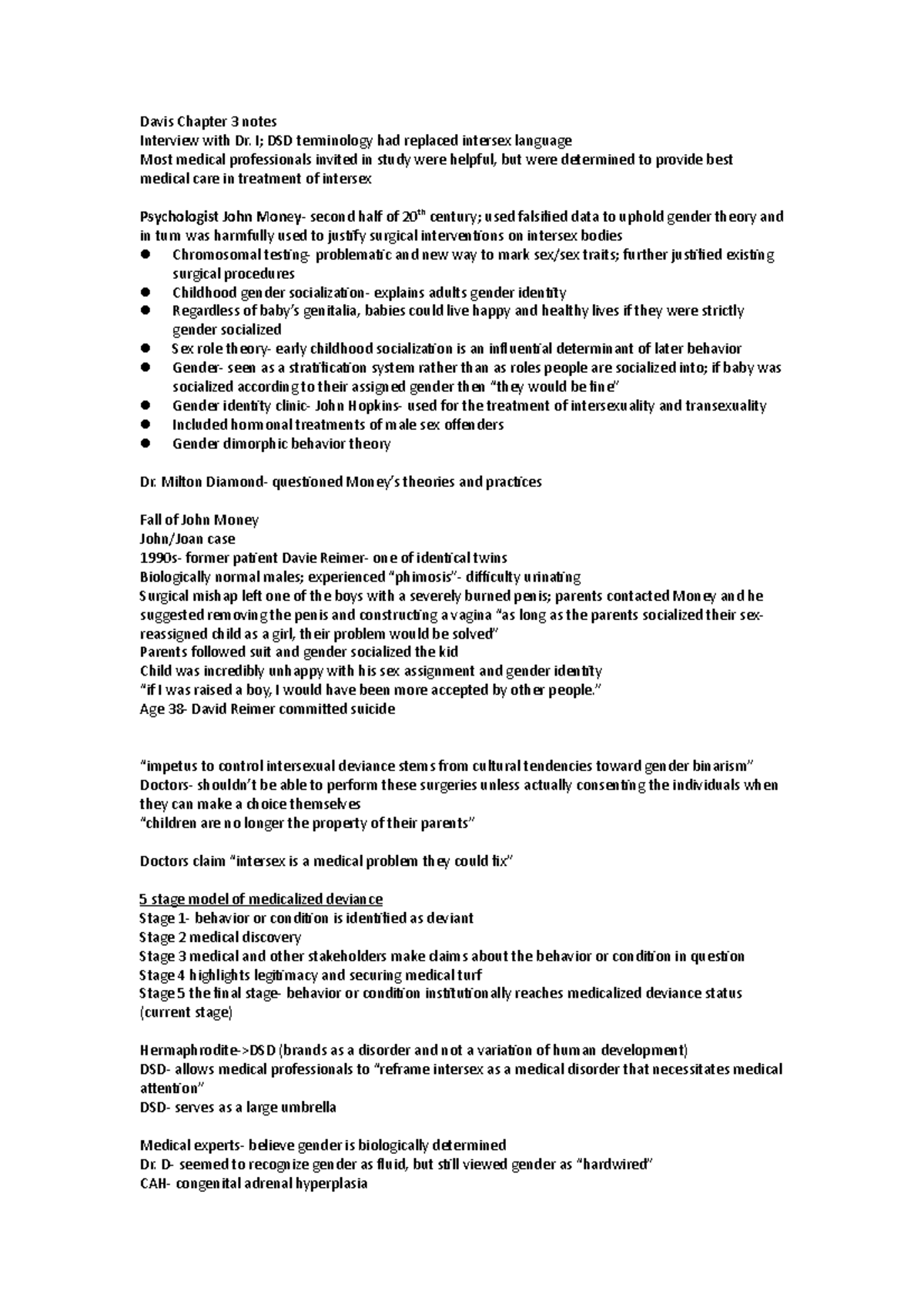 Davis Chapter 3 notes - Davis Chapter 3 notes Interview with Dr. I; DSD ...