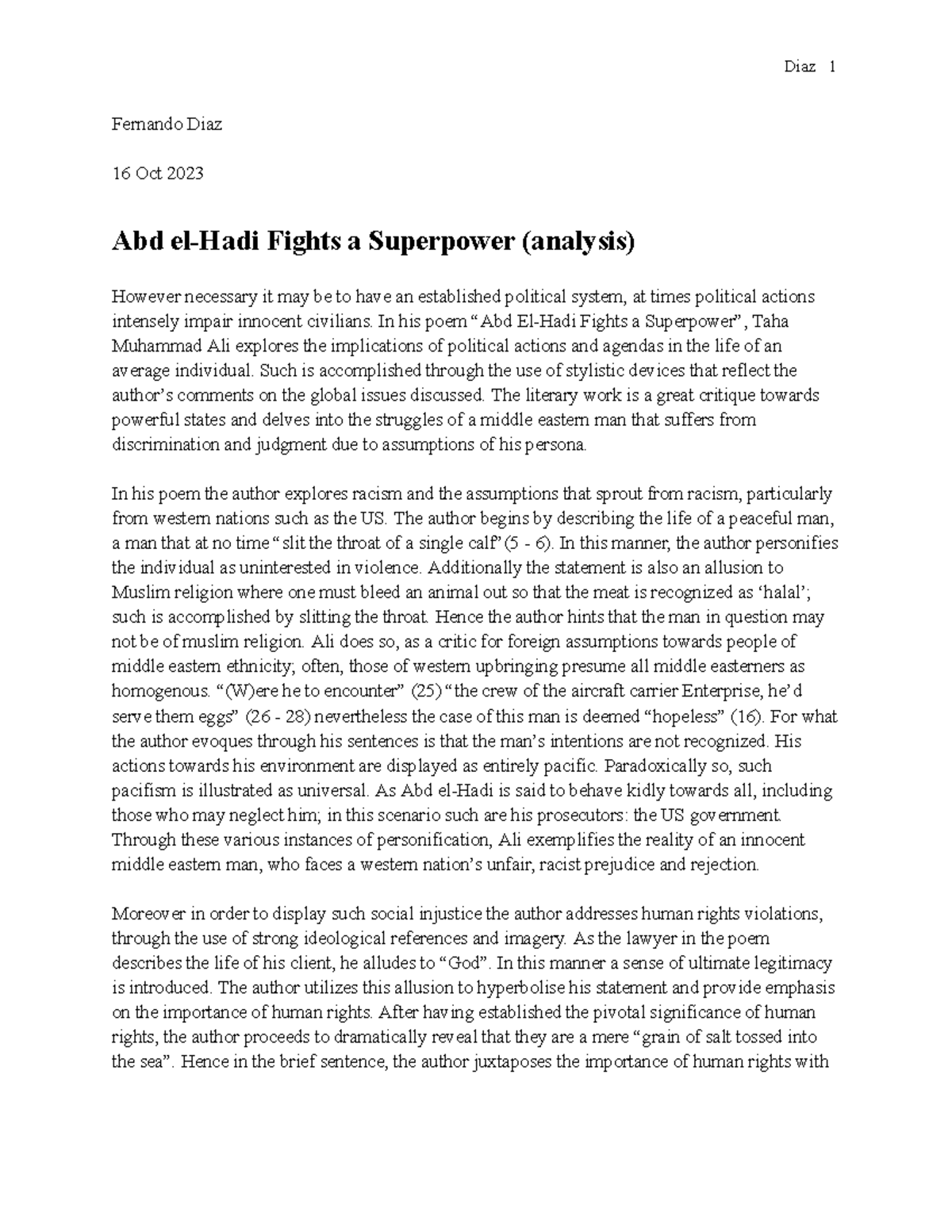 Abd el-Hadi Fights a Superpower (essay) - Diaz 1 Fernando Diaz 16 Oct ...