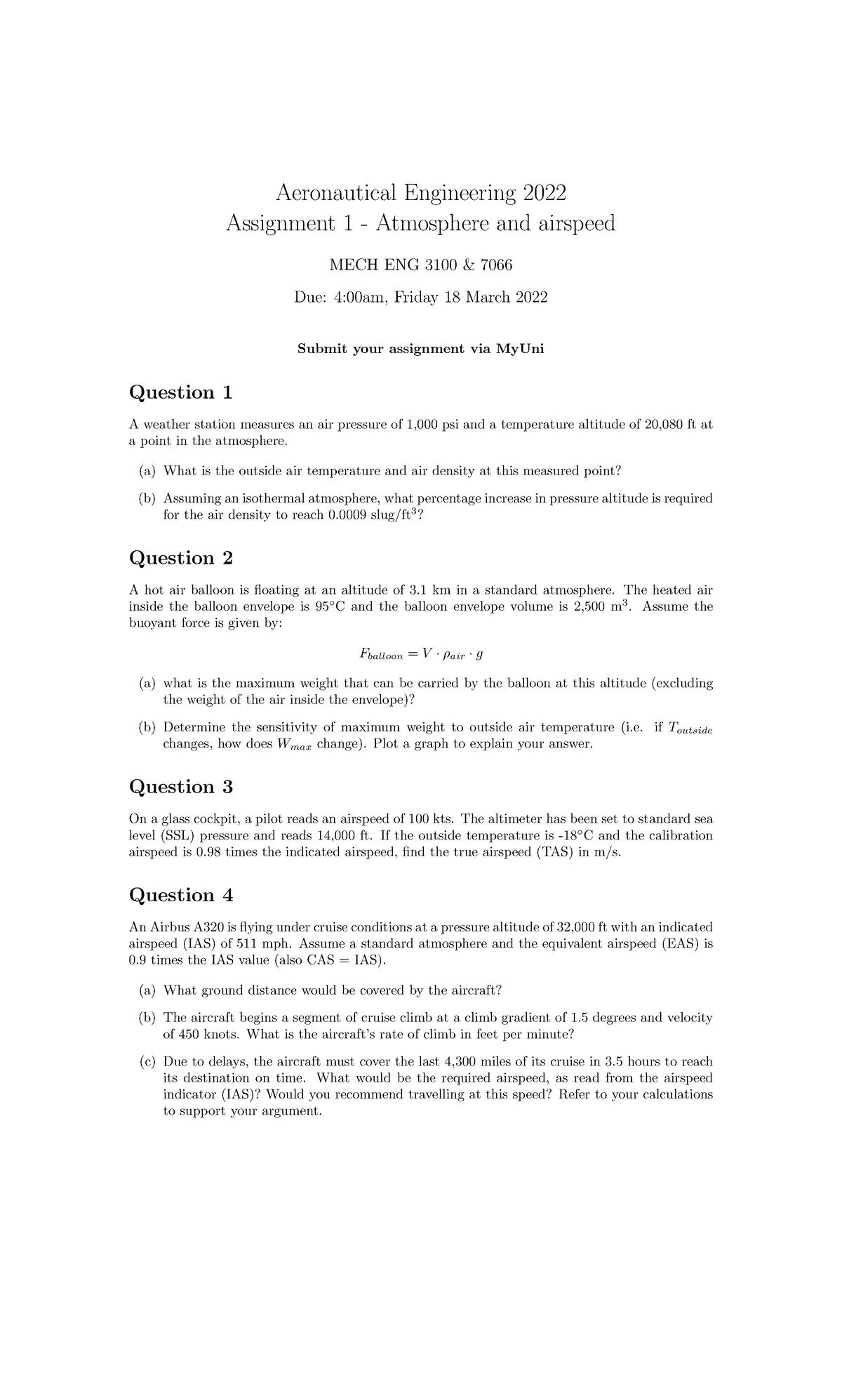 2022 Aero Eng Assignment 1 Atmosphere and airspeed - Aeronautical Engineering 2022 Assignment 1 ...