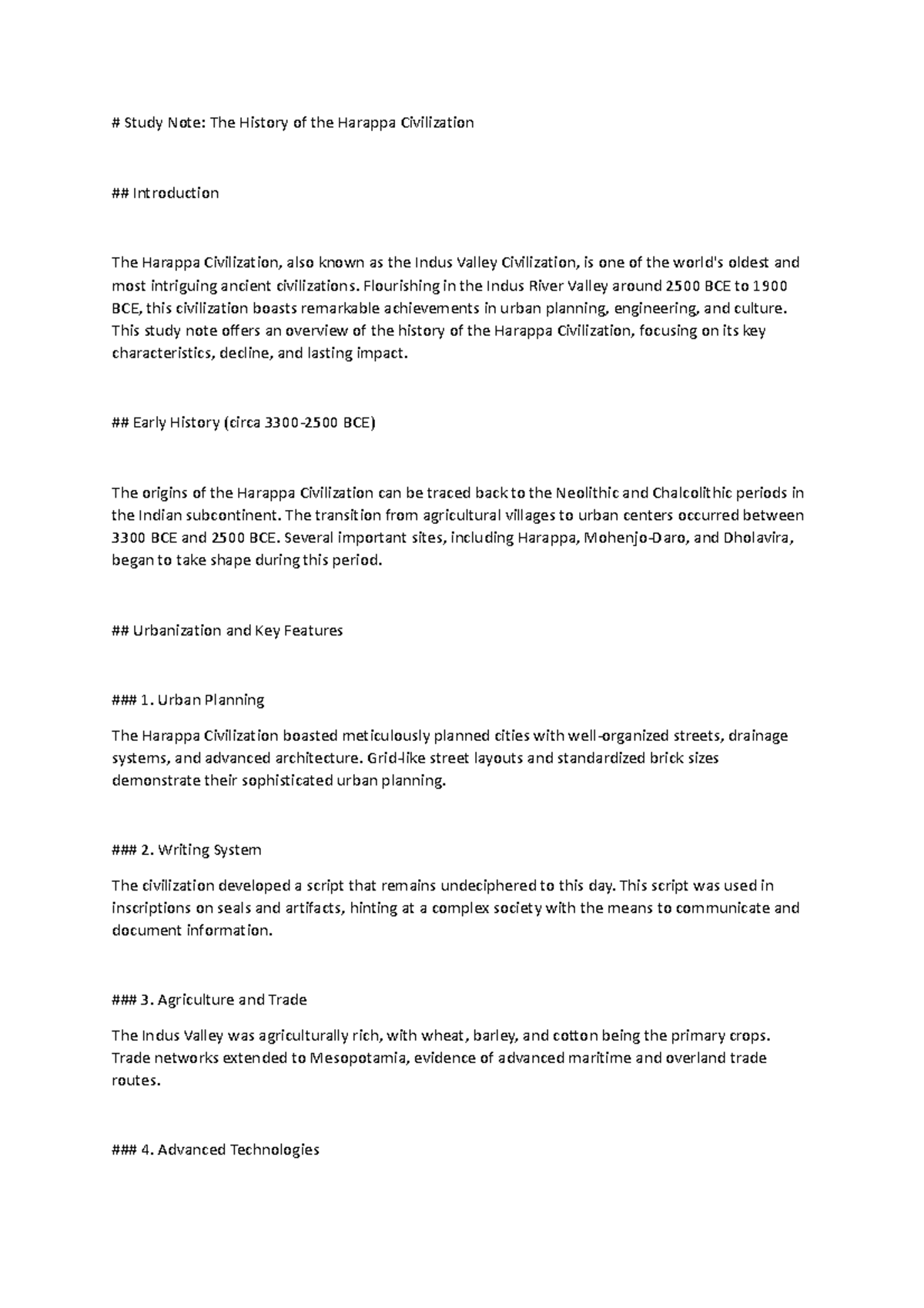 Harappa Civilization - History lecture notes - Study Note: The History ...