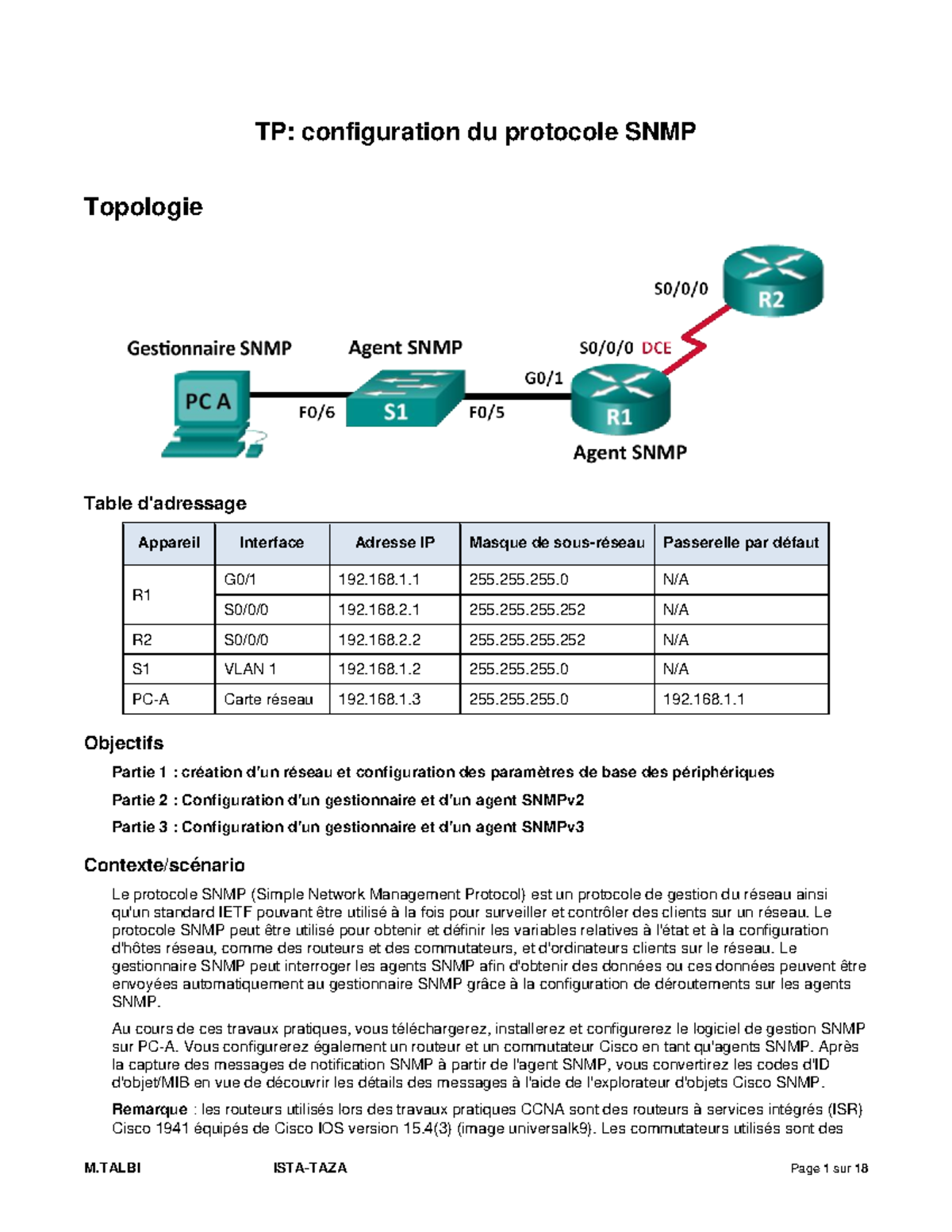 CCNA4- configuration du protocole SNMP - ILM - Topologie Table d'adressage Appareil Interface ...