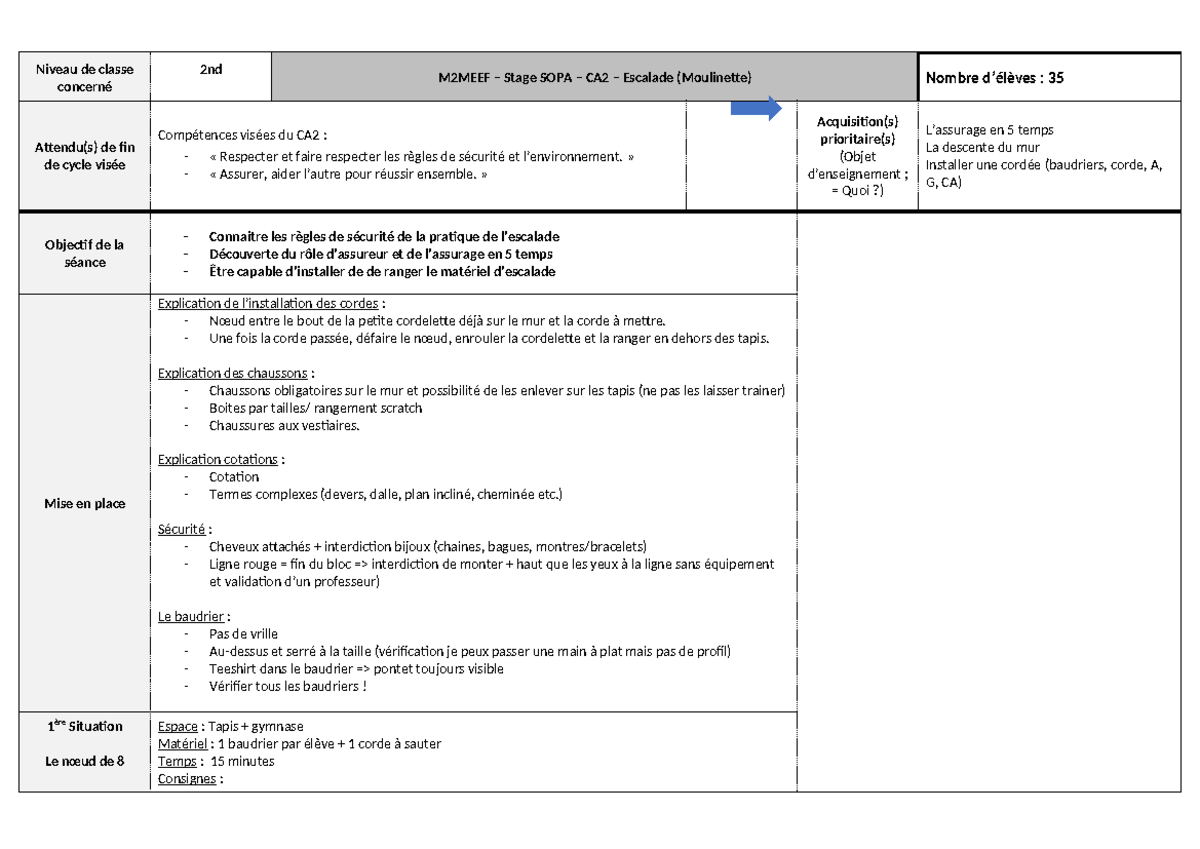 Leçon 1 escalade 2nd - Niveau de classe concerné 2nd M2MEEF – Stage ...