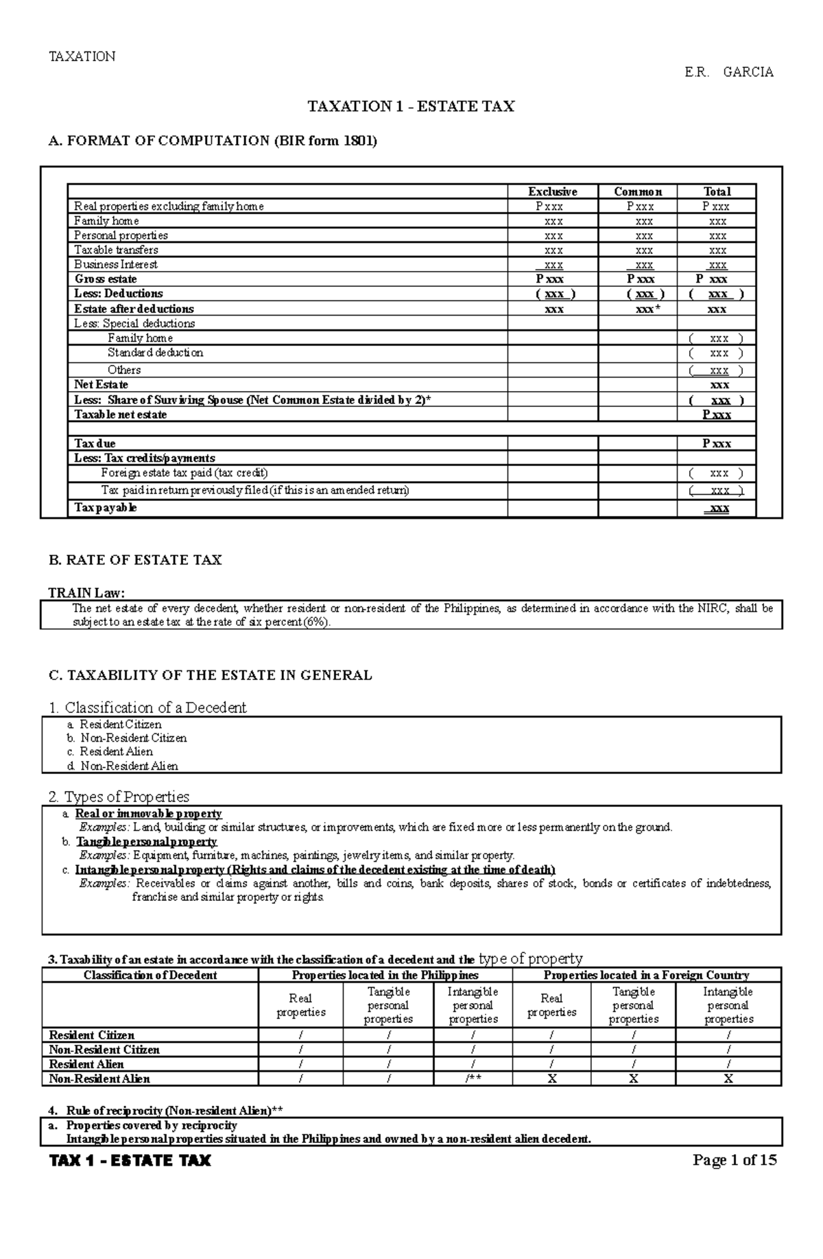 Taxation one Estate Tax for individuals - TAXATION E. GARCIA TAXATION 1 ...