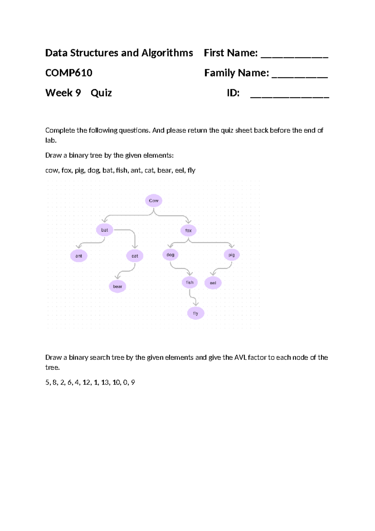 Week 9 - Week 9 lab - Data Structures and Algorithms First Name: ____________ COMP610 Family ...
