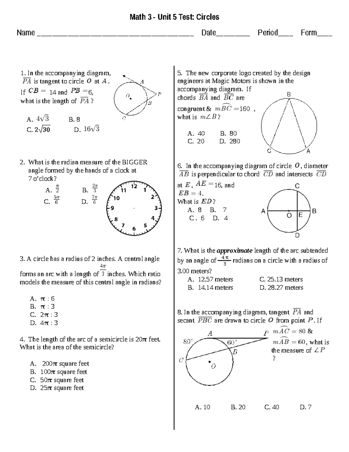 M3 U5 Test Circles - Google Docs - Math 3 - Unit 5 Test: Circles Name ...