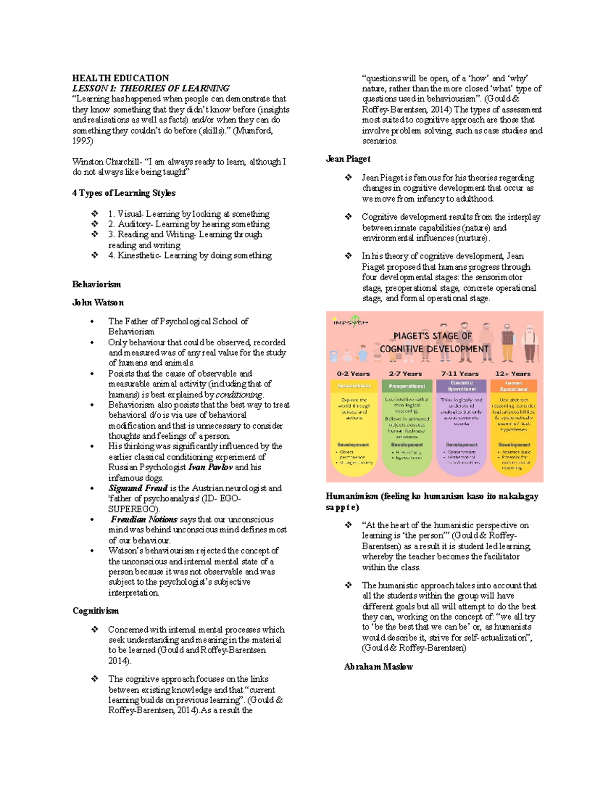 Health Education - HEALTH EDUCATION LESSON 1: THEORIES OF LEARNING ...