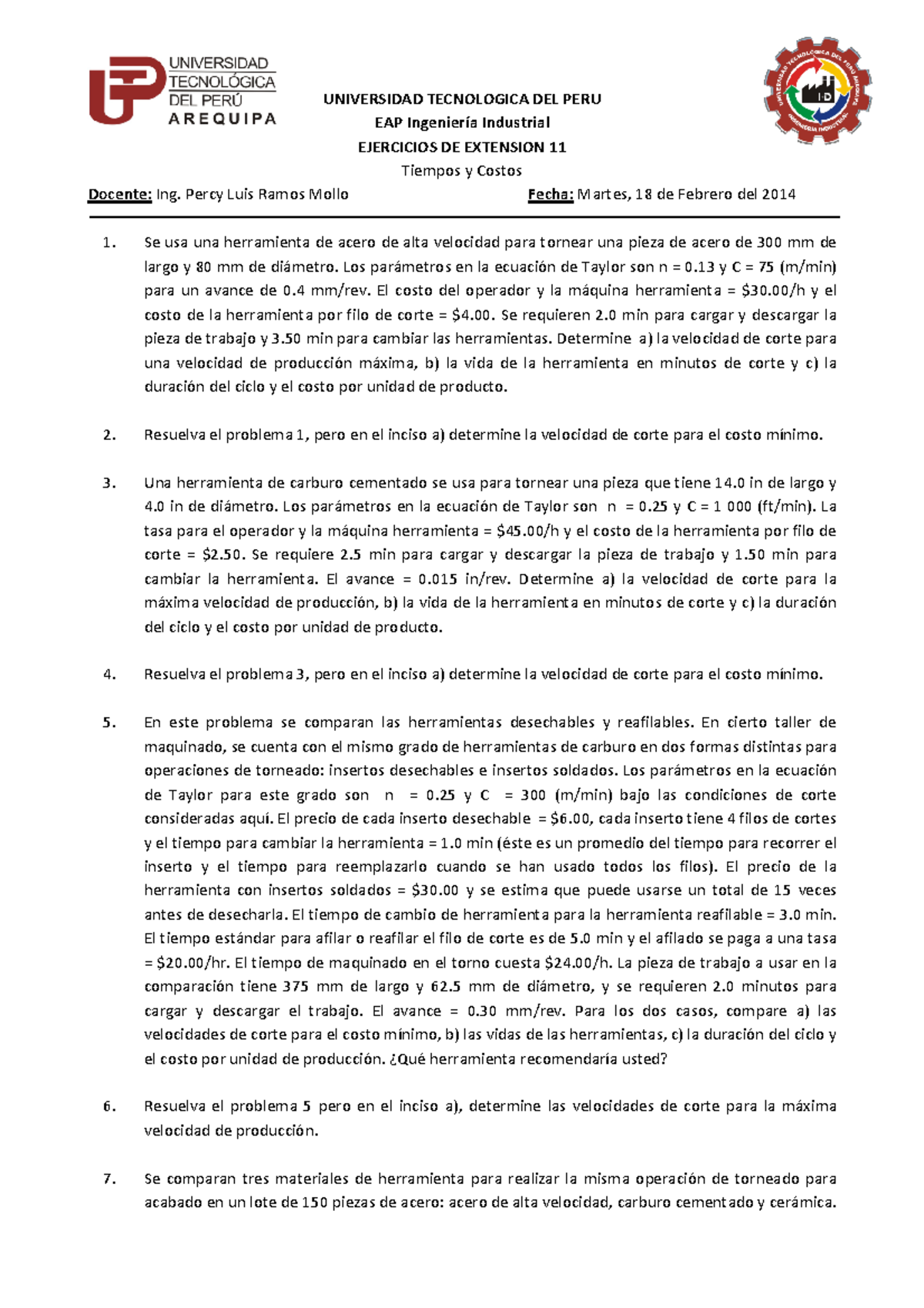 Ejercicios de Extension 11 Tiempos y Costos - UNIVERSIDAD Docente: Ing ...