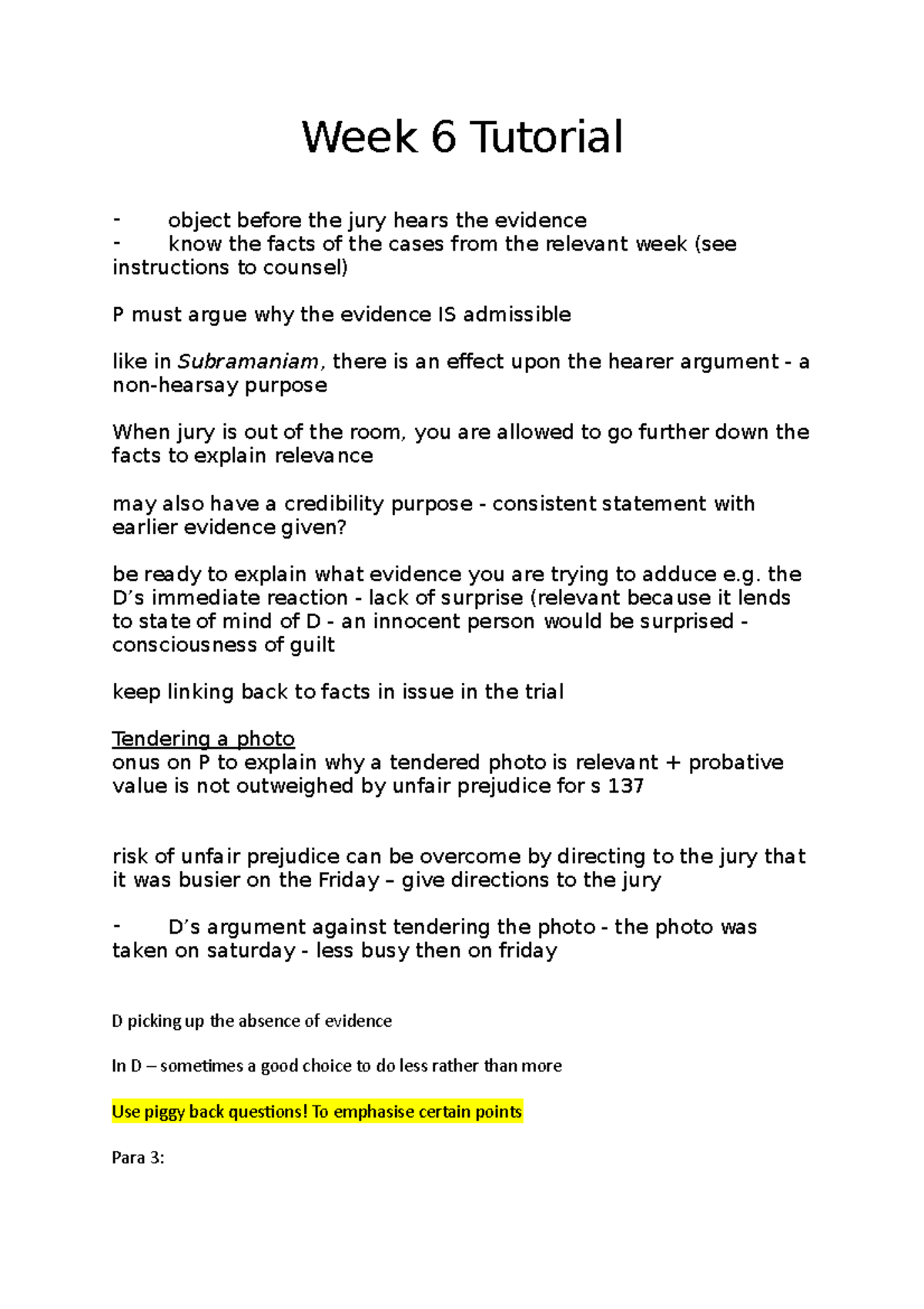 Wk 6 tutorial - Week 6 Tutorial ⁃ object before the jury hears the ...