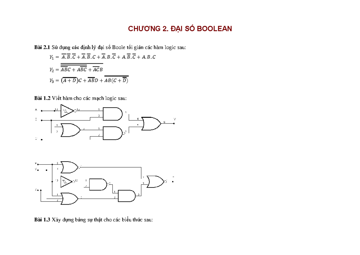 Bt-c2 - welcome - CHƯƠNG 2. ĐẠI SỐ BOOLEAN Bài 2 Sử dụng các định lý ...