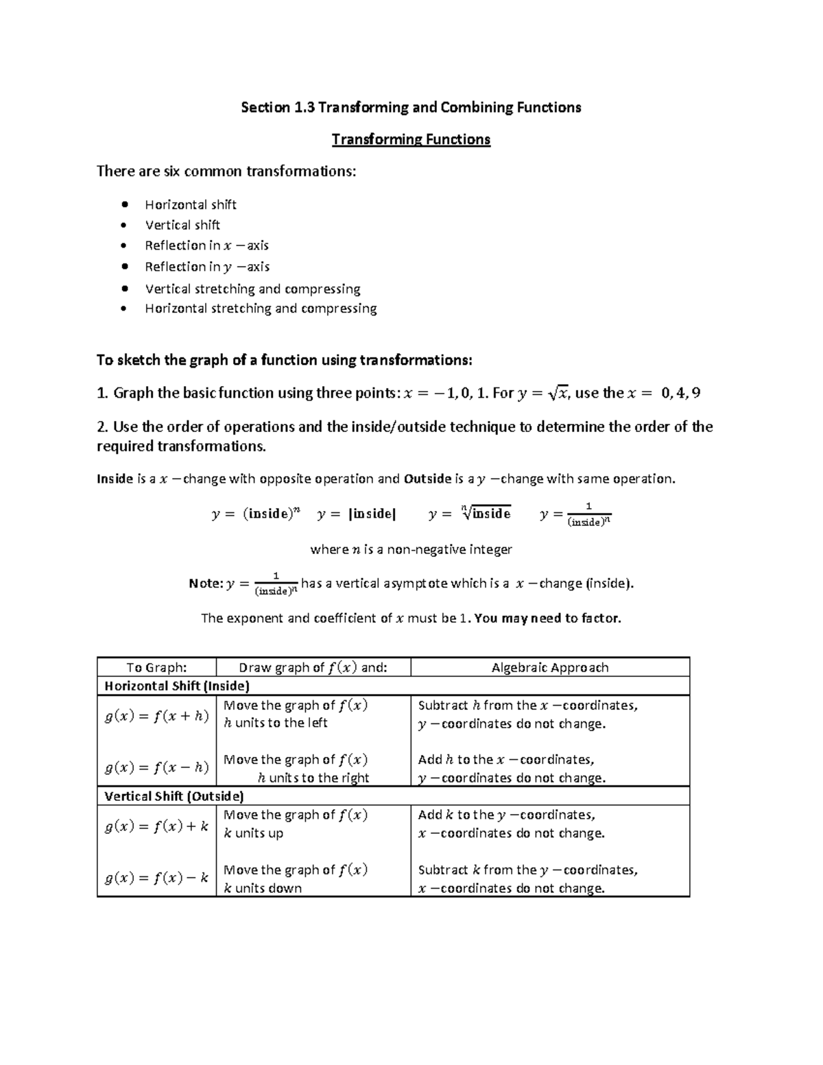 Section 1 3 Transforming And Combining Functions Section 1 Transforming And Combining