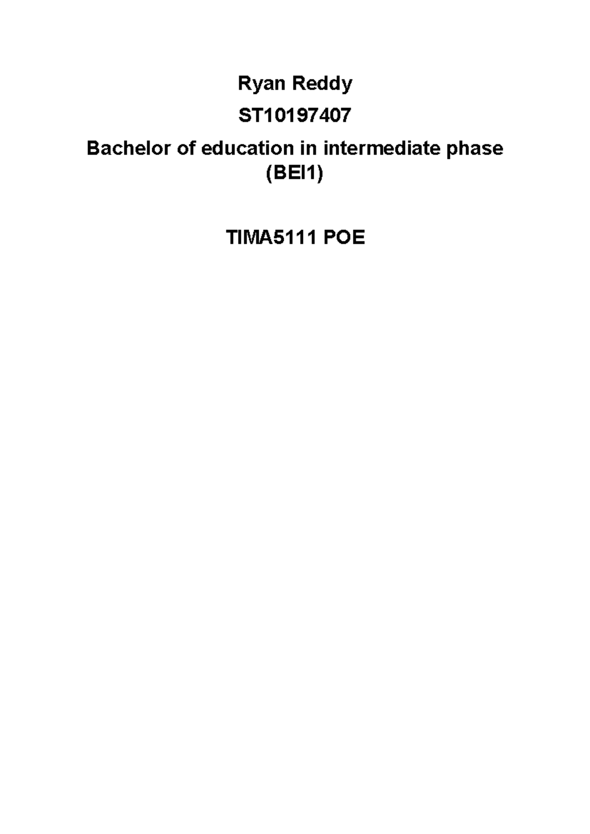 Ryan Reddy poe draft - Ryan Reddy ST Bachelor of education in ...