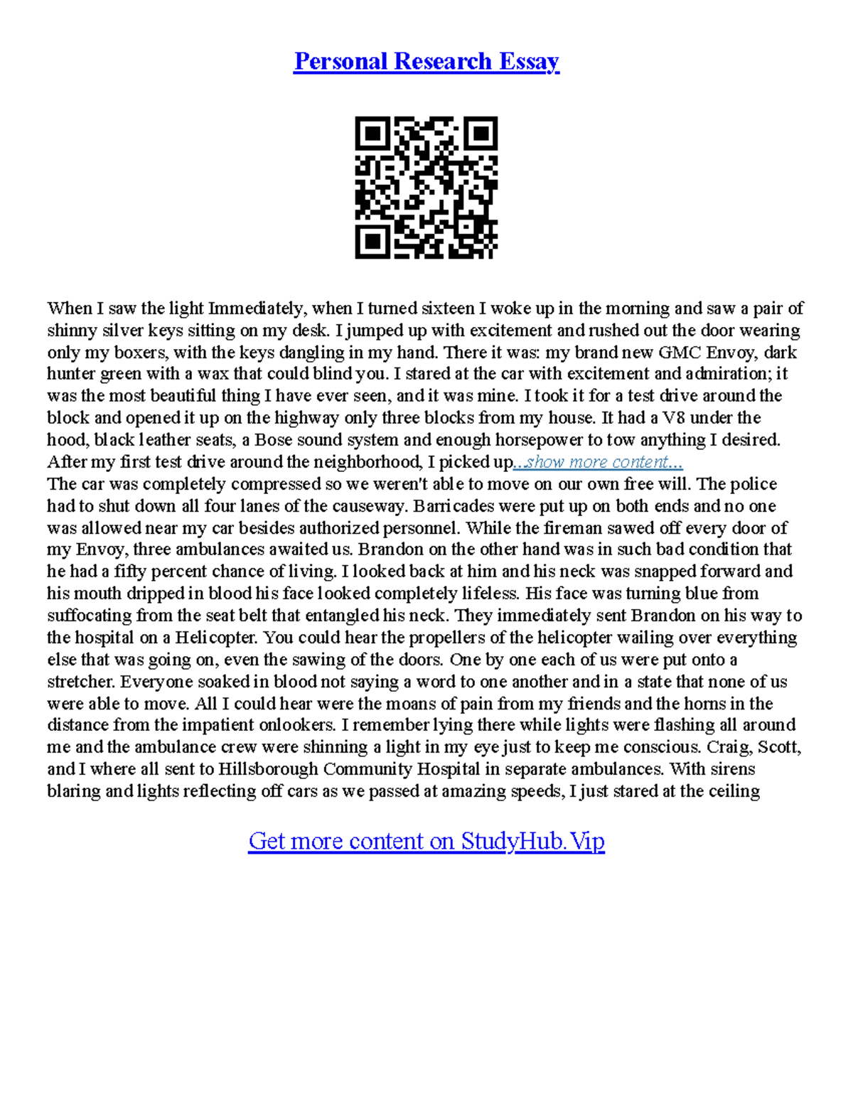 Reasearch Essay - Personal Research Essay When I saw the light ...