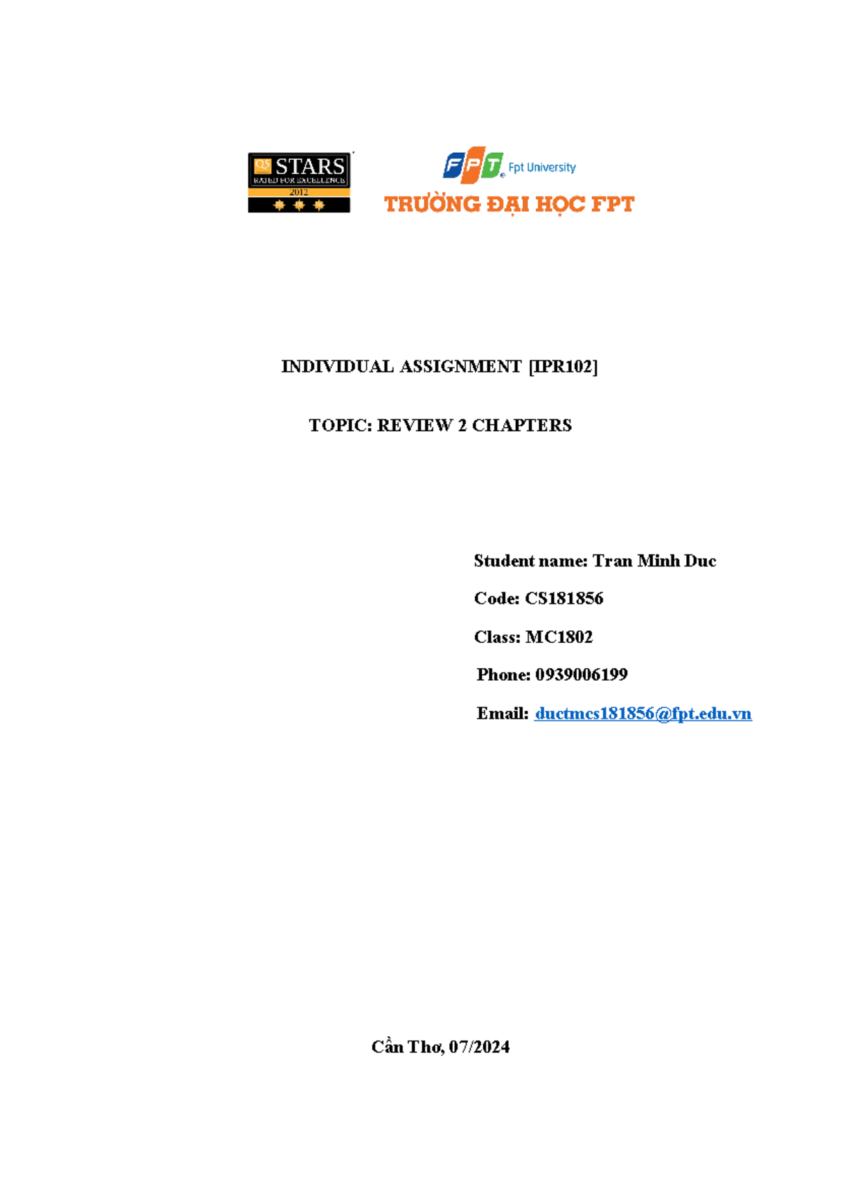 IPR102 IA Tran Minh Duc - Individual Assignment - INDIVIDUAL ASSIGNMENT [IPR102] TOPIC: REVIEW 2 ...