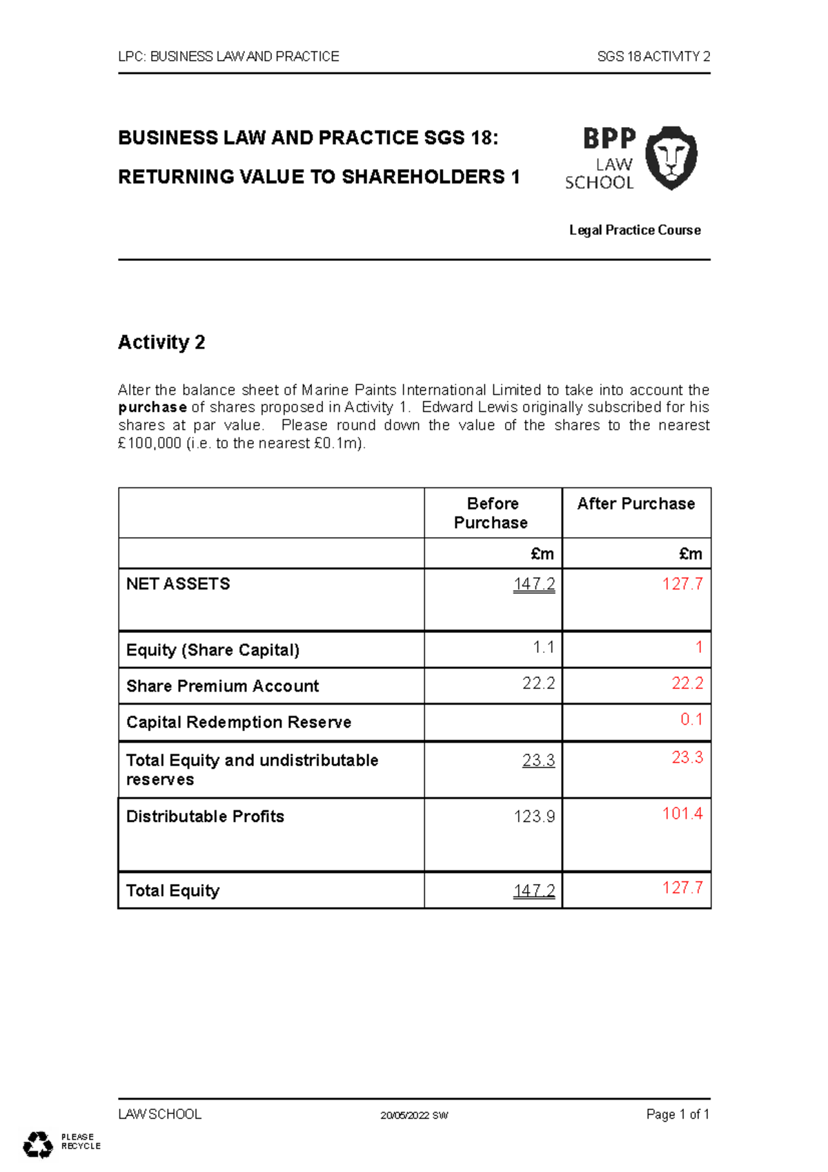 BLP SGS 18 Activity 2 - LPC: BUSINESS LAW AND PRACTICE SGS 18 ACTIVITY ...