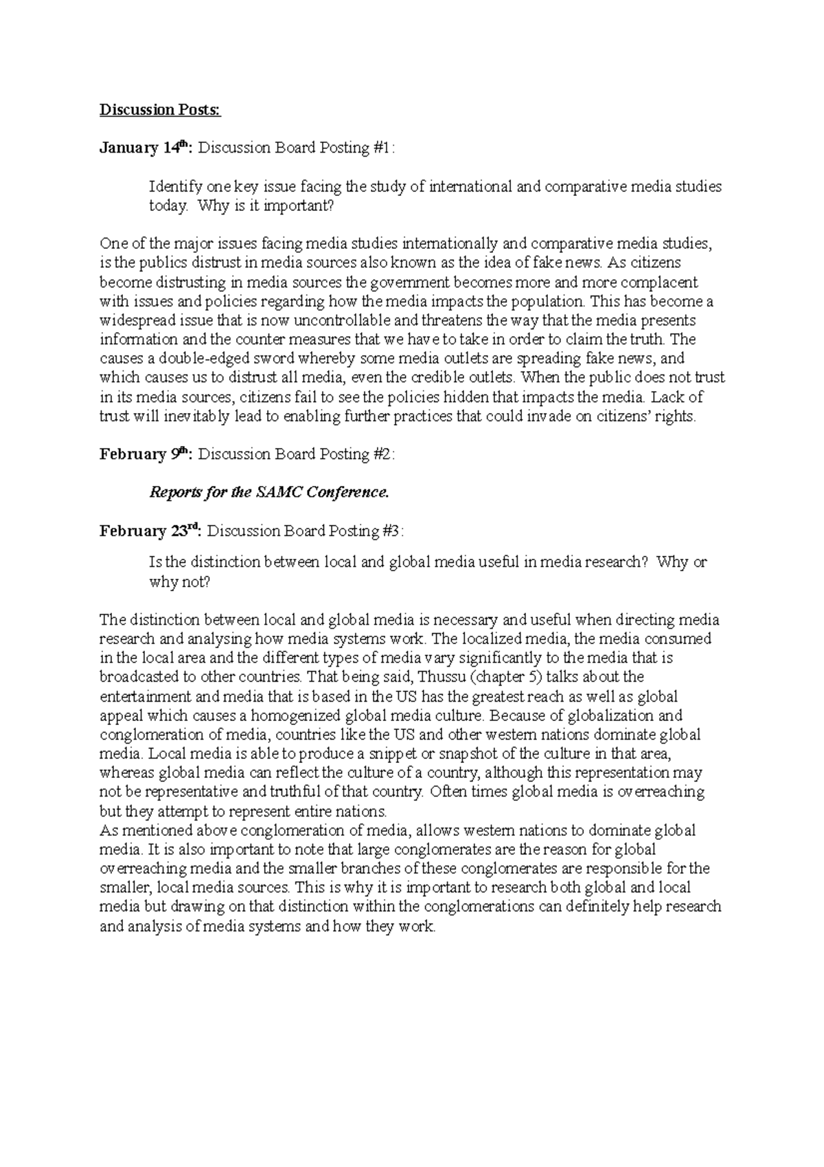 Discussion Posts - n addition to the required readings, selected ...