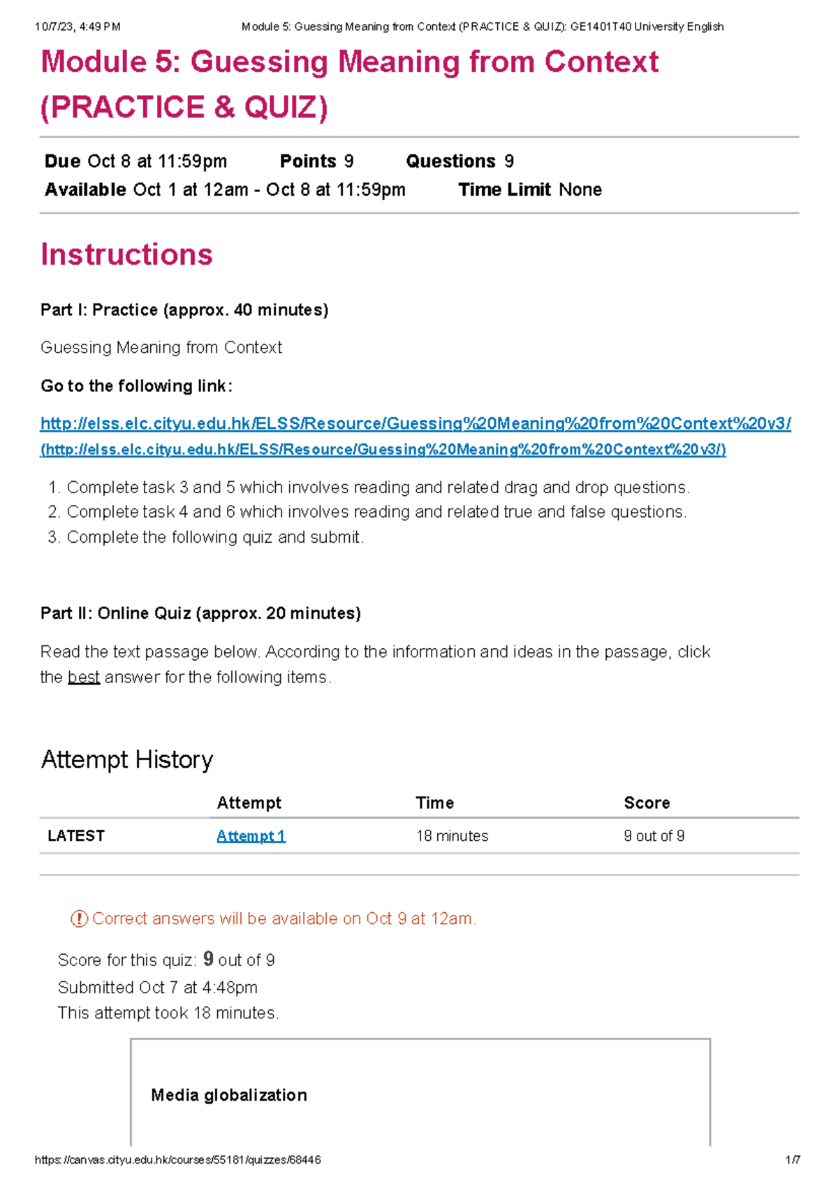 Module 5 Guessing Meaning from Context ( Practice & QUIZ) GE1401 T40 ...