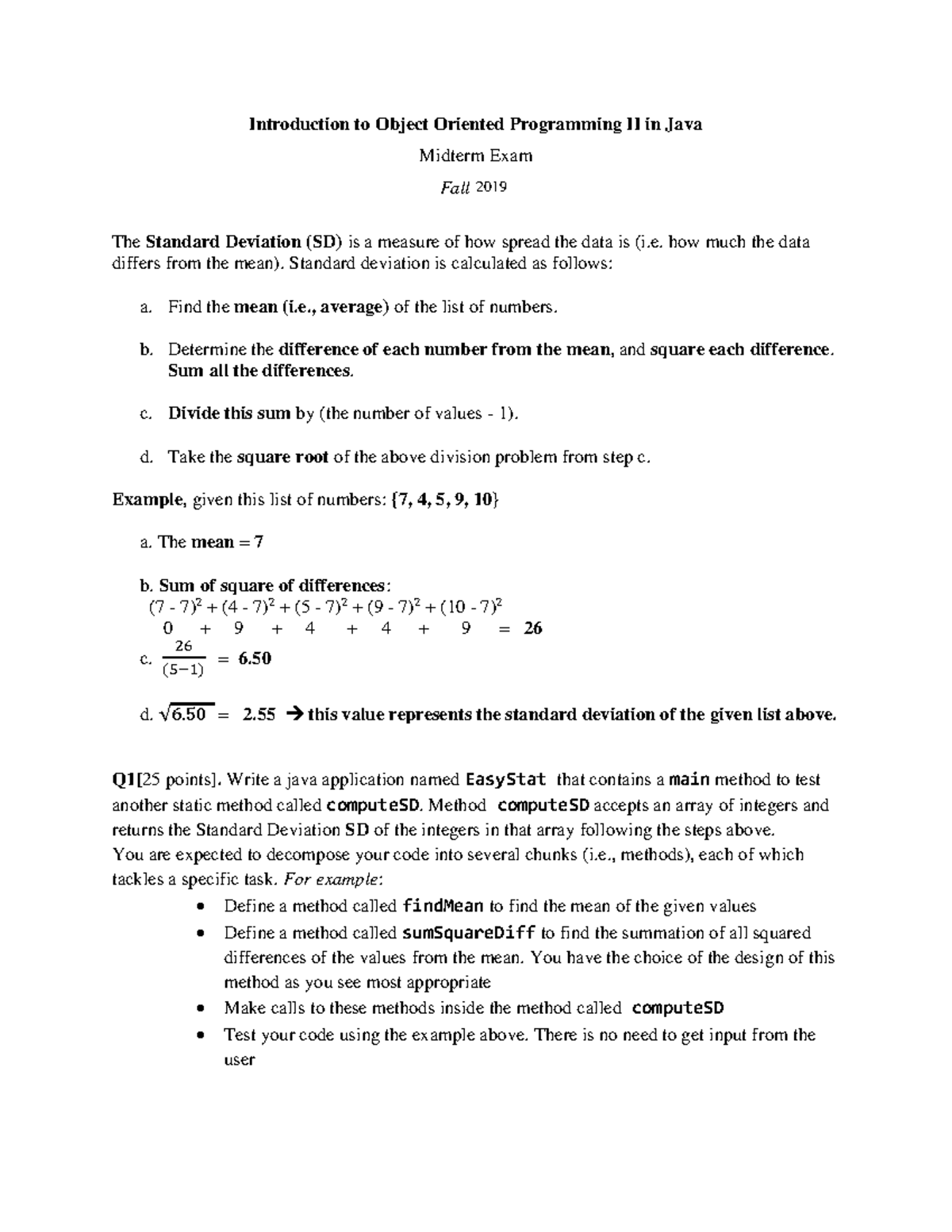 Exam 10 October 2018, questions - Introduction to Object Oriented Programming II in Java Midterm ...
