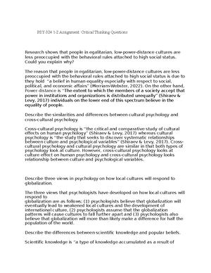 PSY-324 1-2 Short Answers Critical Thinking Questions - PSY-324 1-2 ...