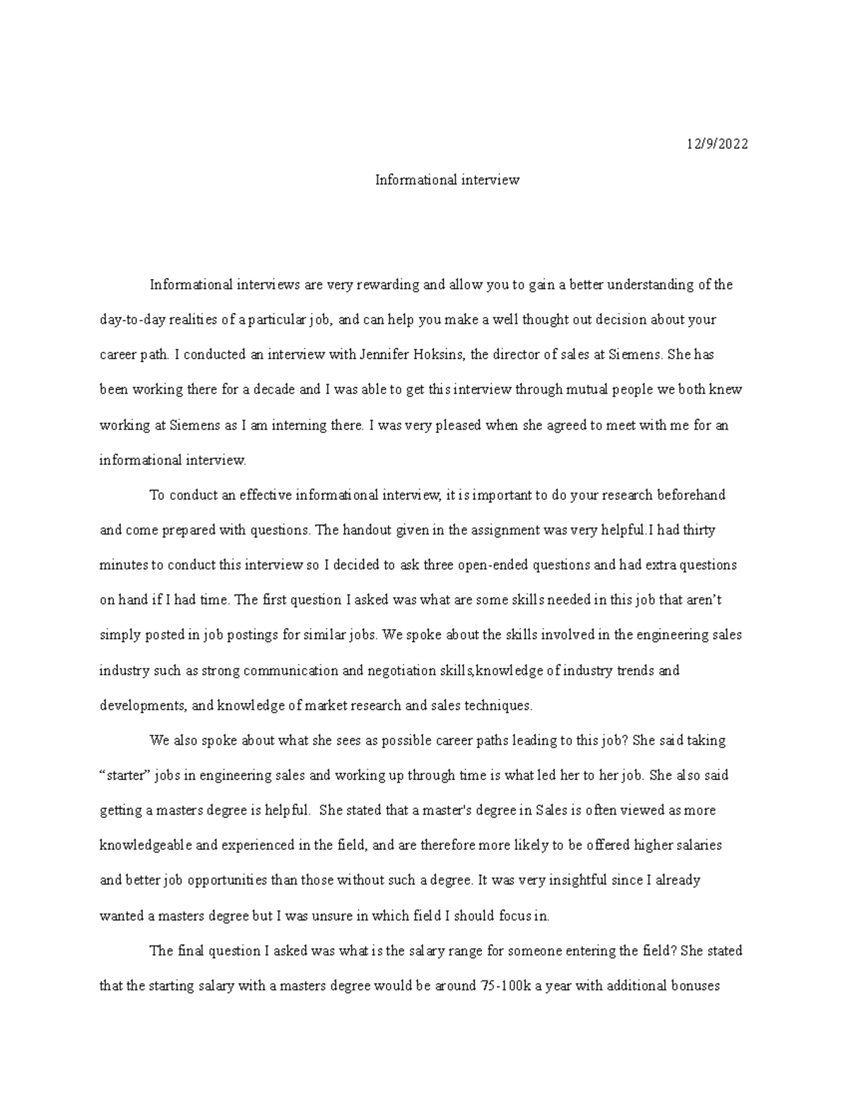 Info-interview - essay on informational interview - 12/9/ Informational ...