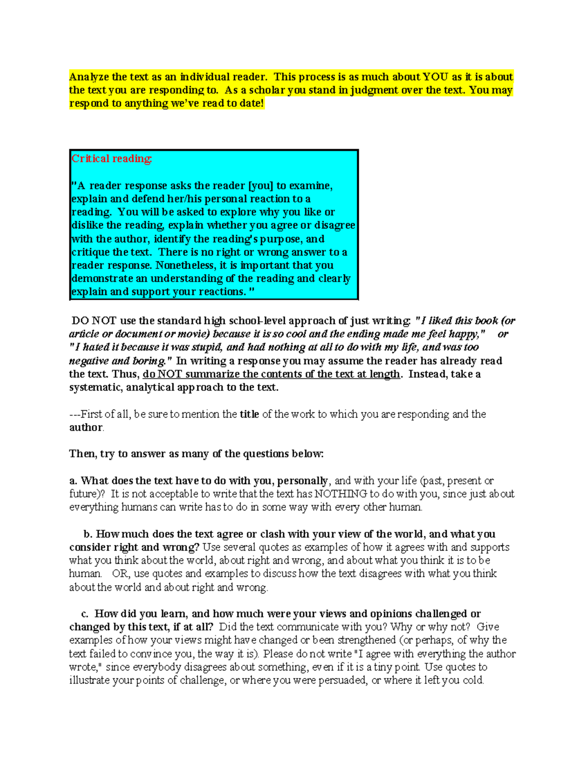 Reader-Response essay - Analyze the text as an individual reader. This ...
