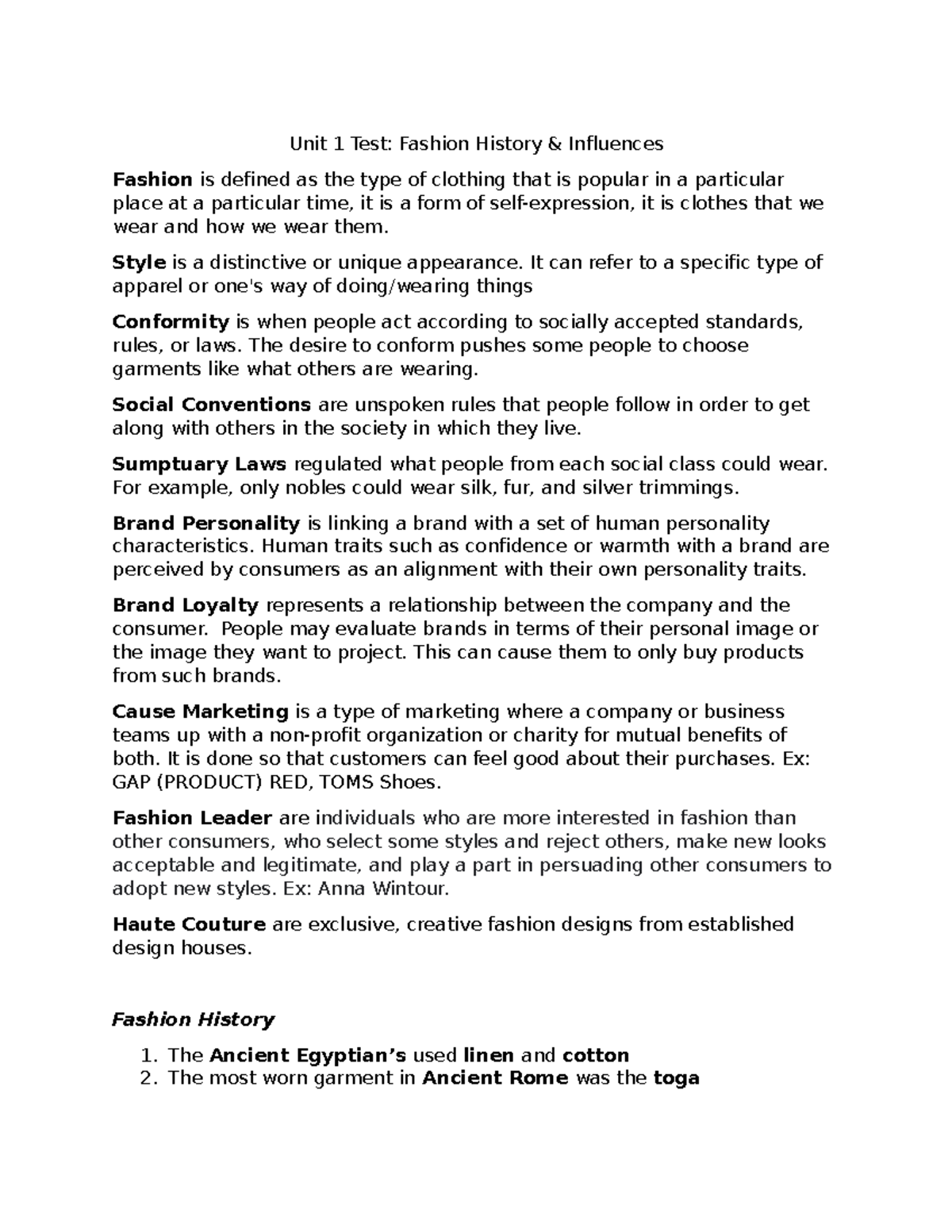Fashion Unit 1 Test Review - Unit 1 Test: Fashion History & Influences ...