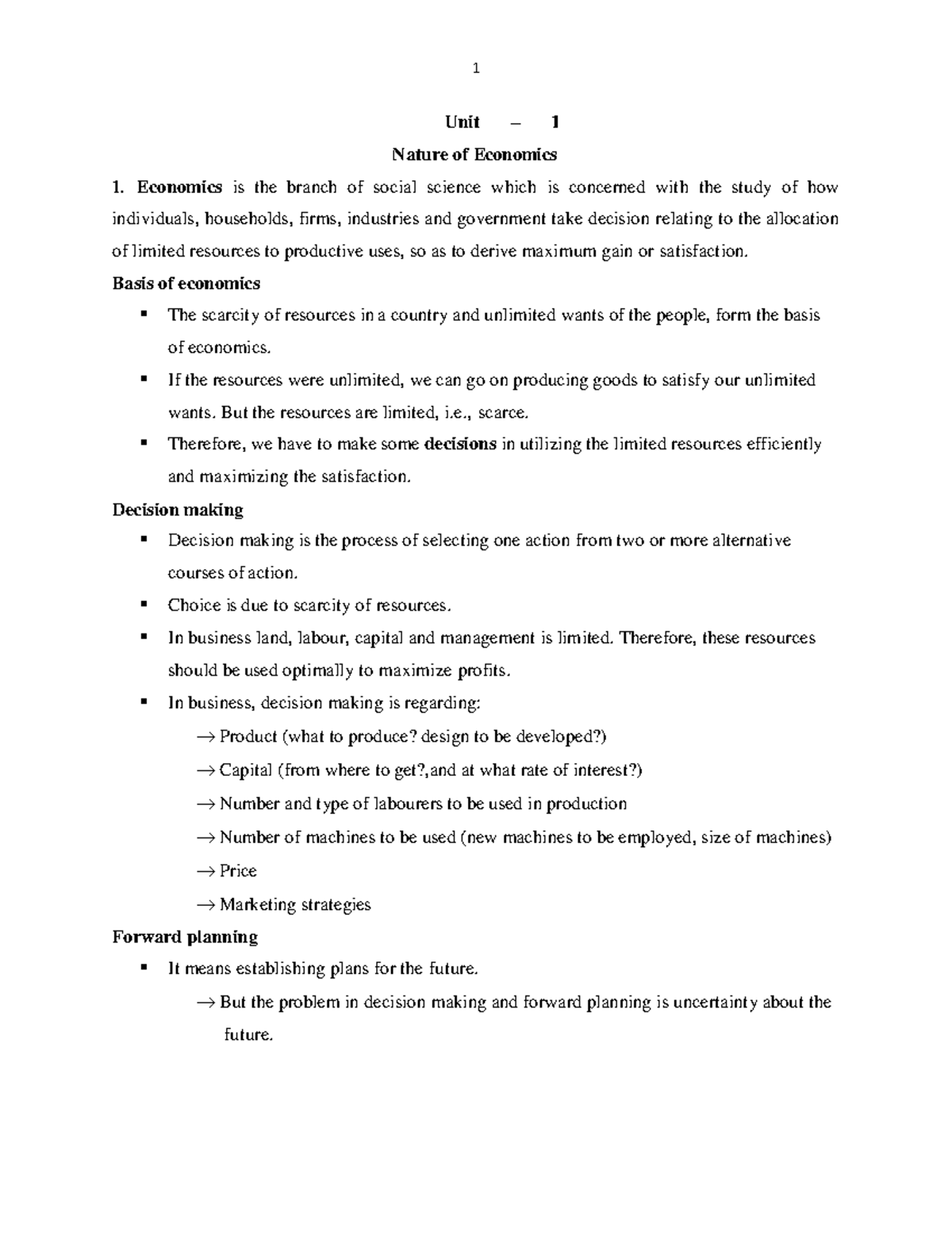 Economics Unit 1 - notes - **Unit – 1 Nature of Economics Economics ...