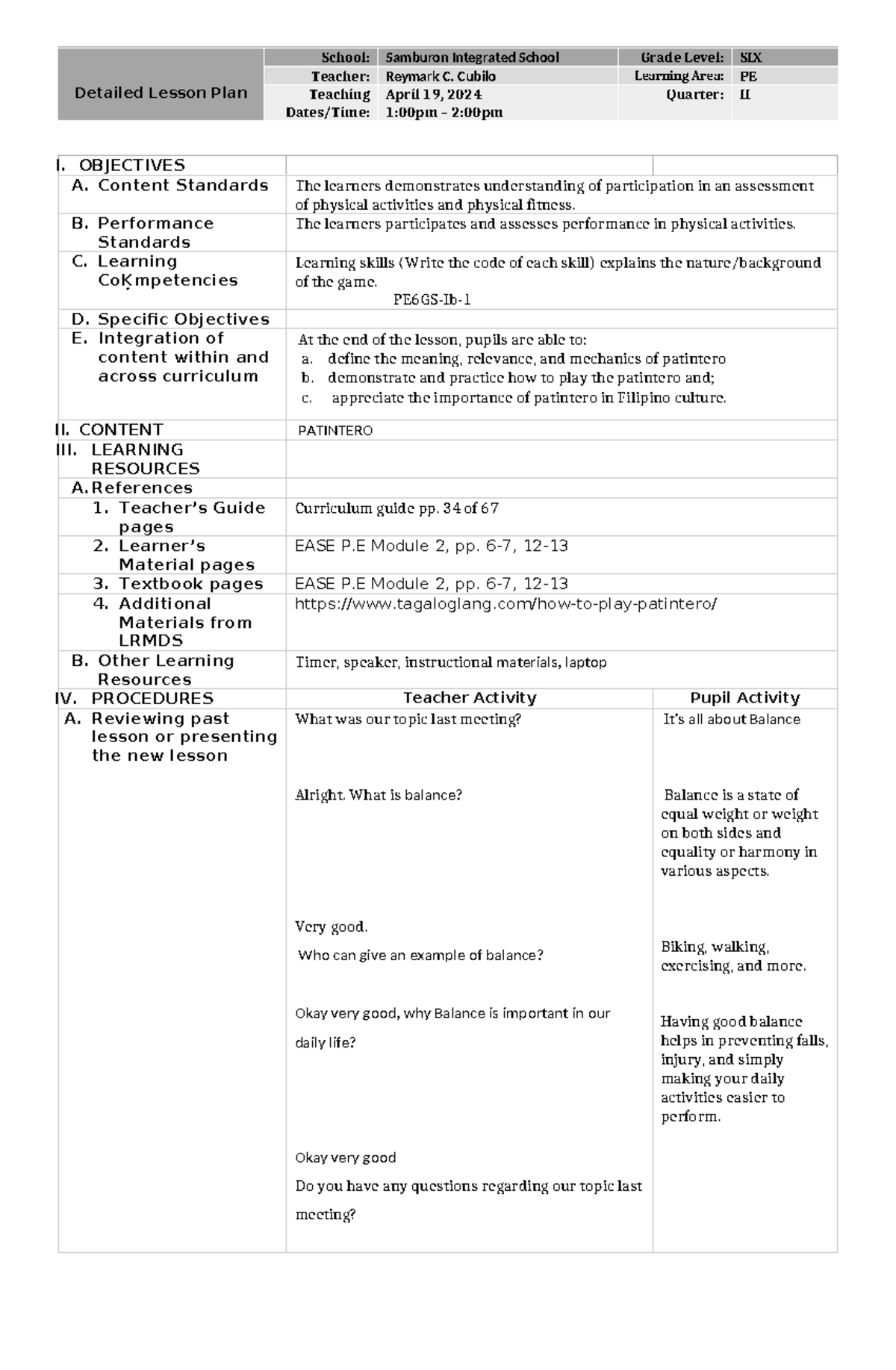Sample-DLP-3 - This lp is for Pe - I. OBJECTIVES A. Content Standards ...