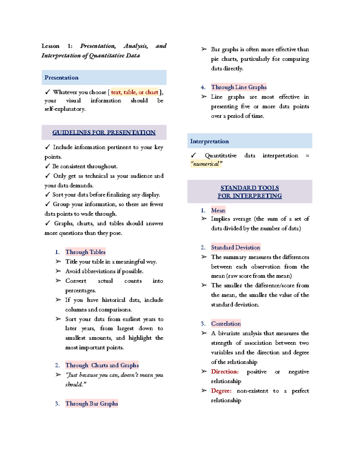 PR2-Q1- Notes - hhh - Lesson 1: Presentation, Analysis, and ...