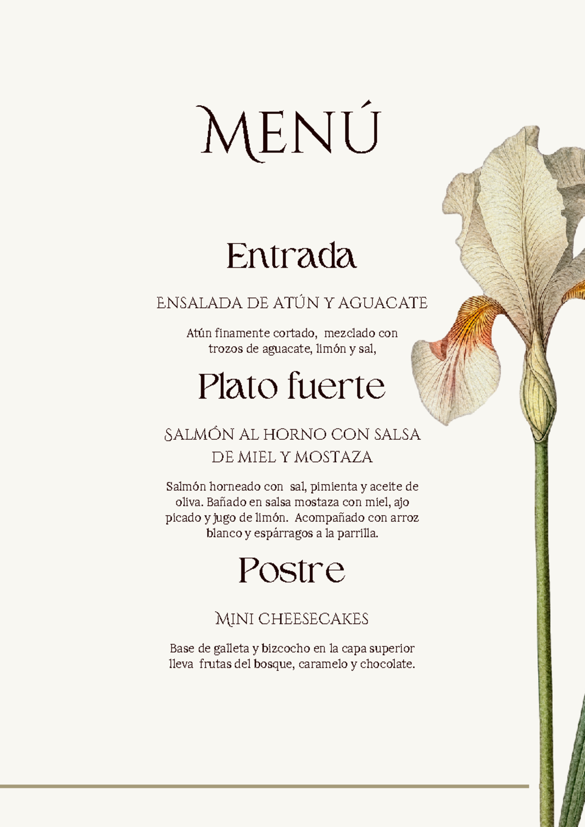 Menú - menú de tres tiempos - Menú Entrada Plato fuerte Postre Ensalada ...