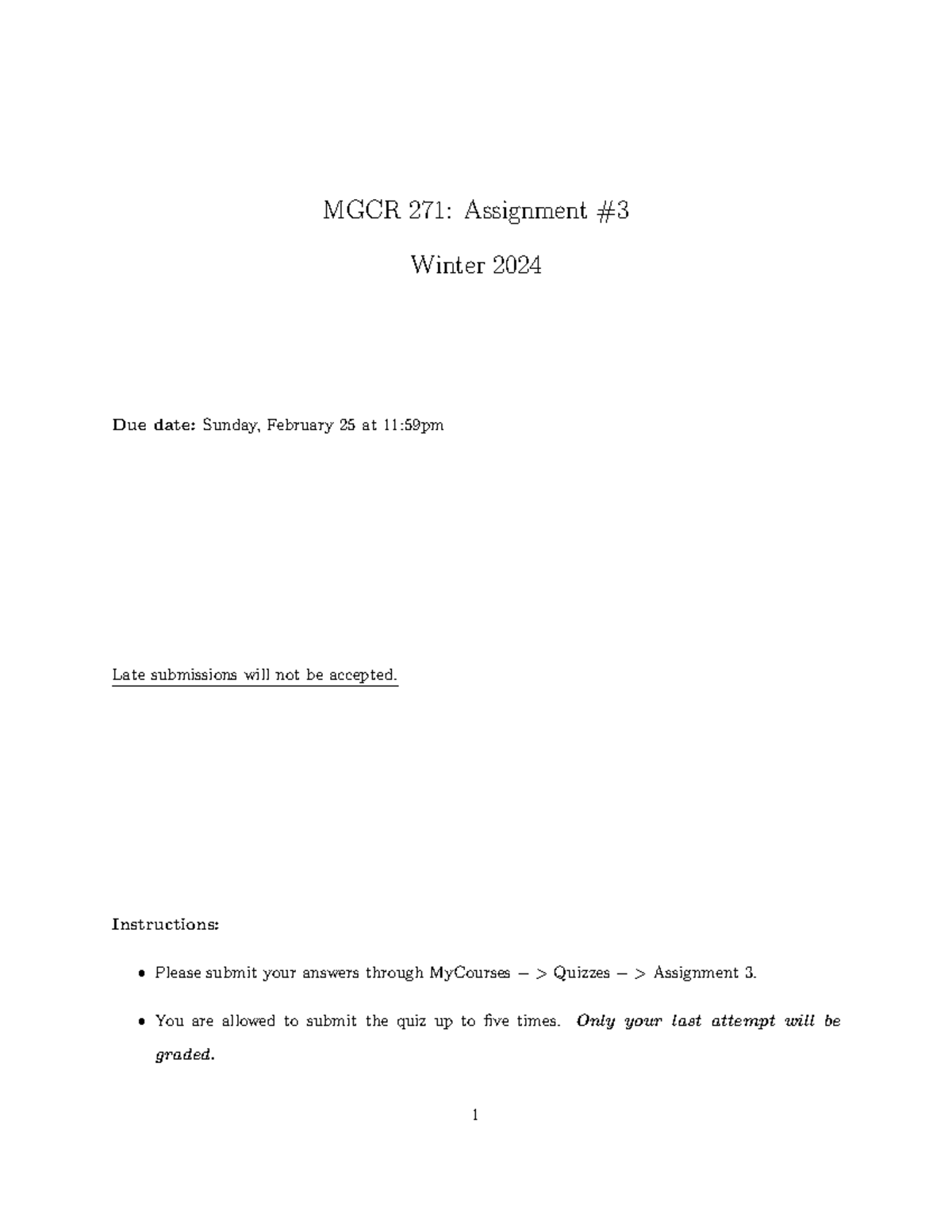 Assignment 3 Winter 2024 - MGCR 271: Assignment Winter 2024 Due date ...
