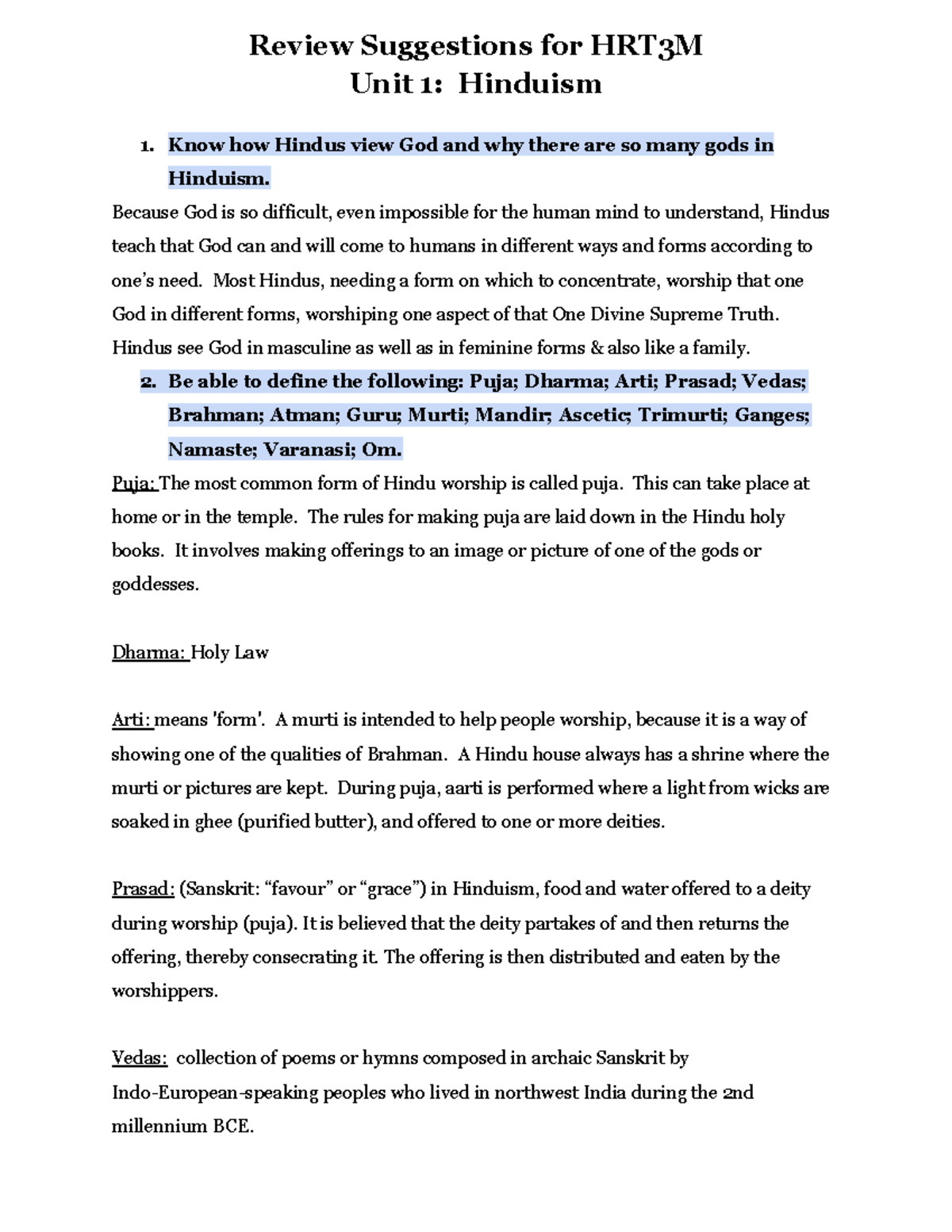 Hinduism Review - Review Suggestions for HRT3M Unit 1: Hinduism 1. Know ...