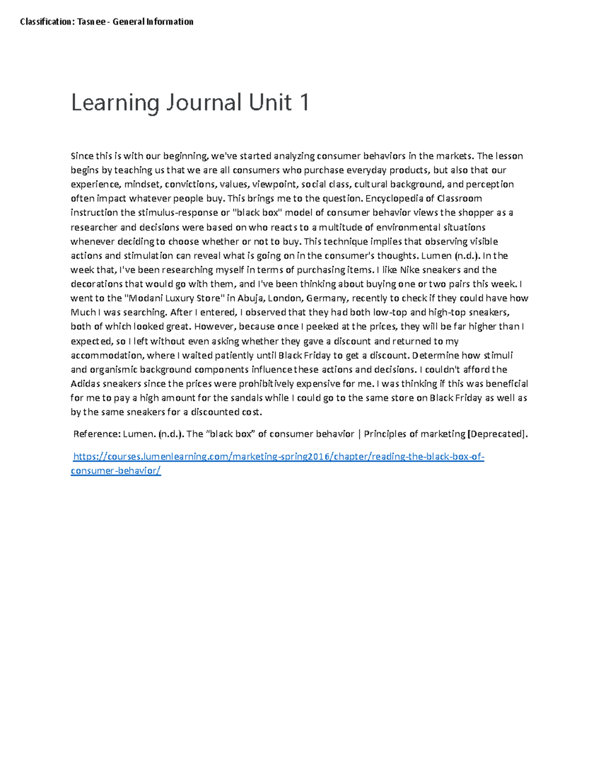 Learning Journal Unit 1 C BUS 3302 - Classification: Tasnee - General Information Learning ...