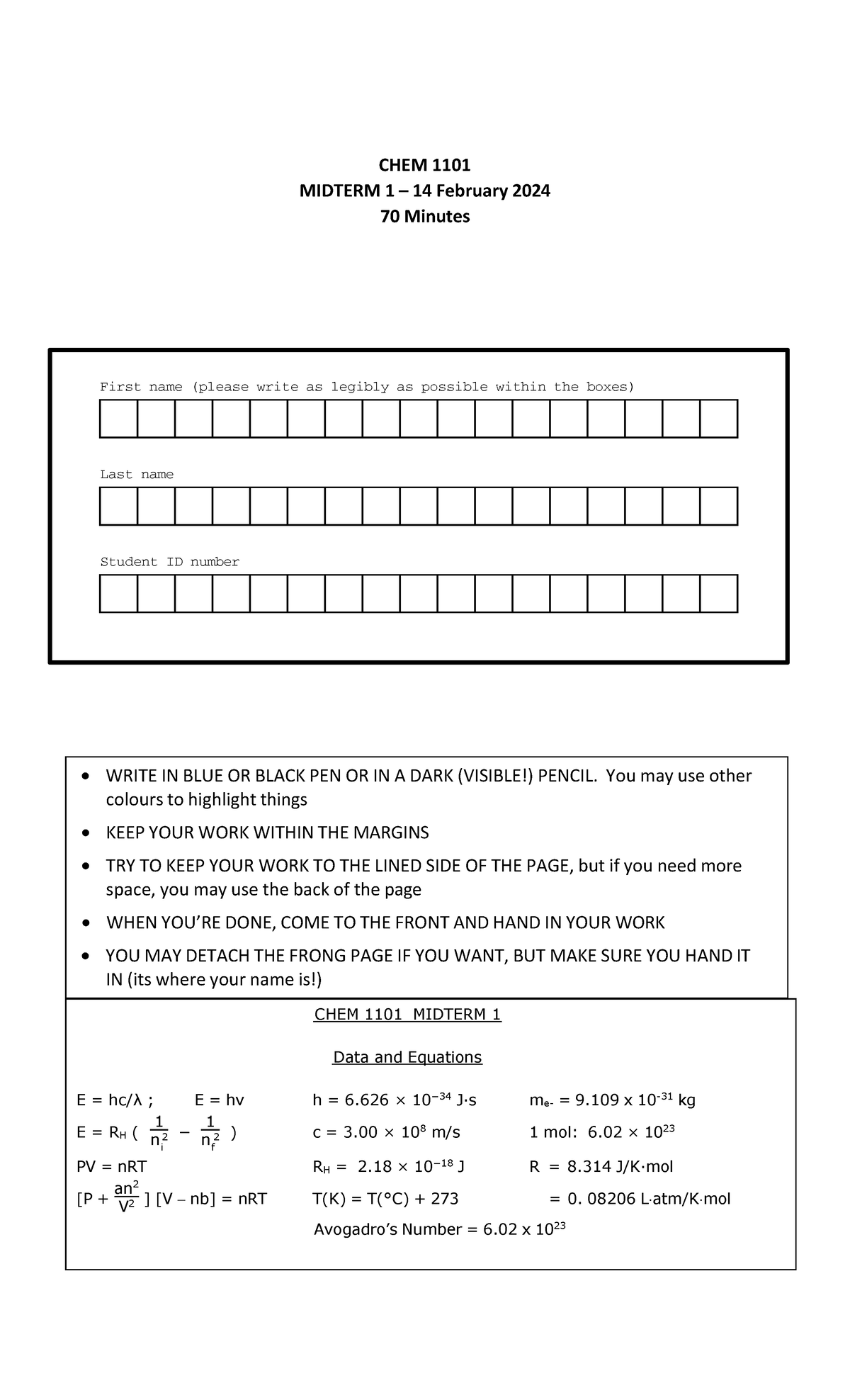 Chem 1101 Midterm Sheet - First name (please write as legibly as possible within the boxes) Last ...