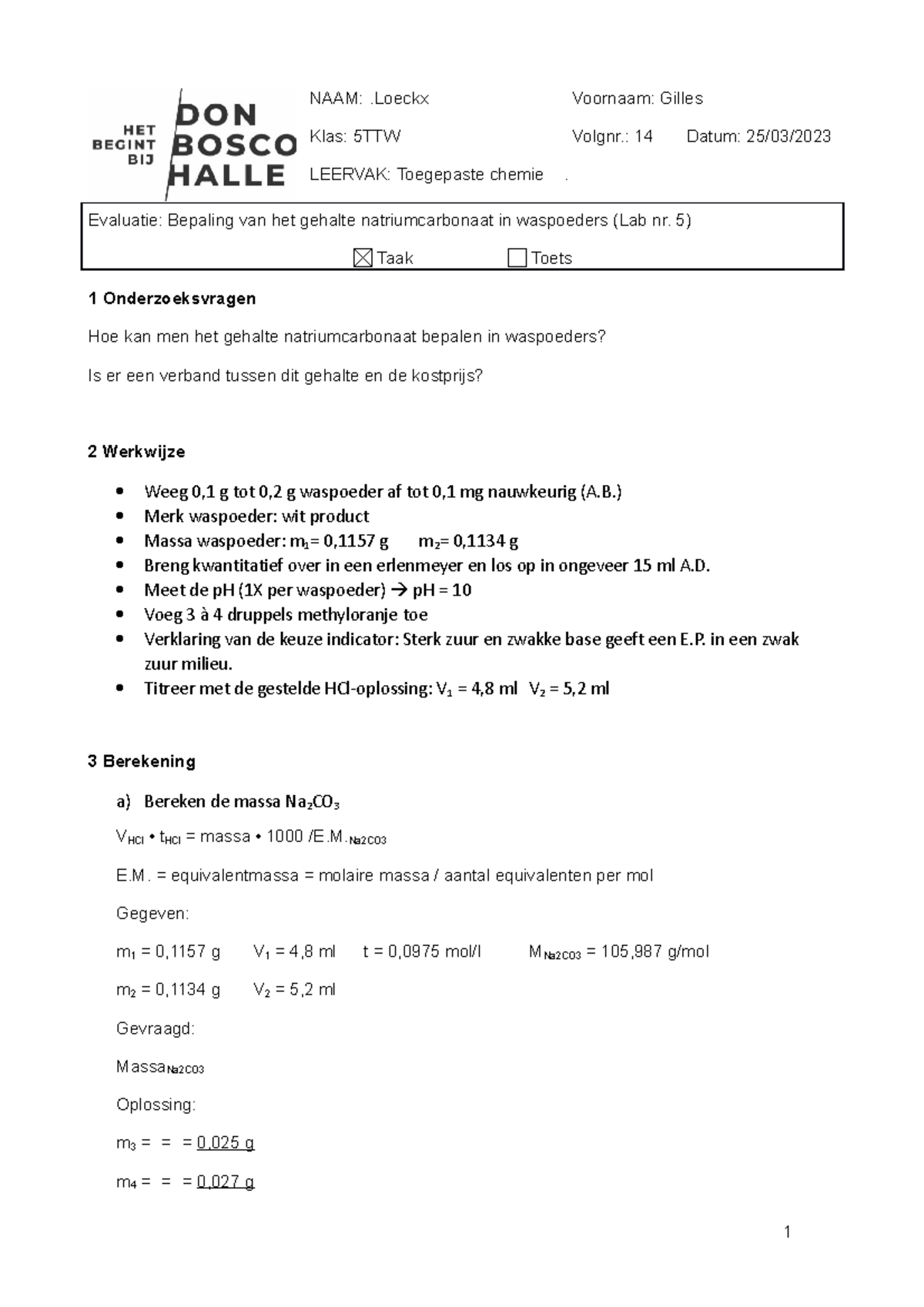 Bepaling van het gehalte natriumcarbonaat in waspoeders (Lab nr. 5 ...