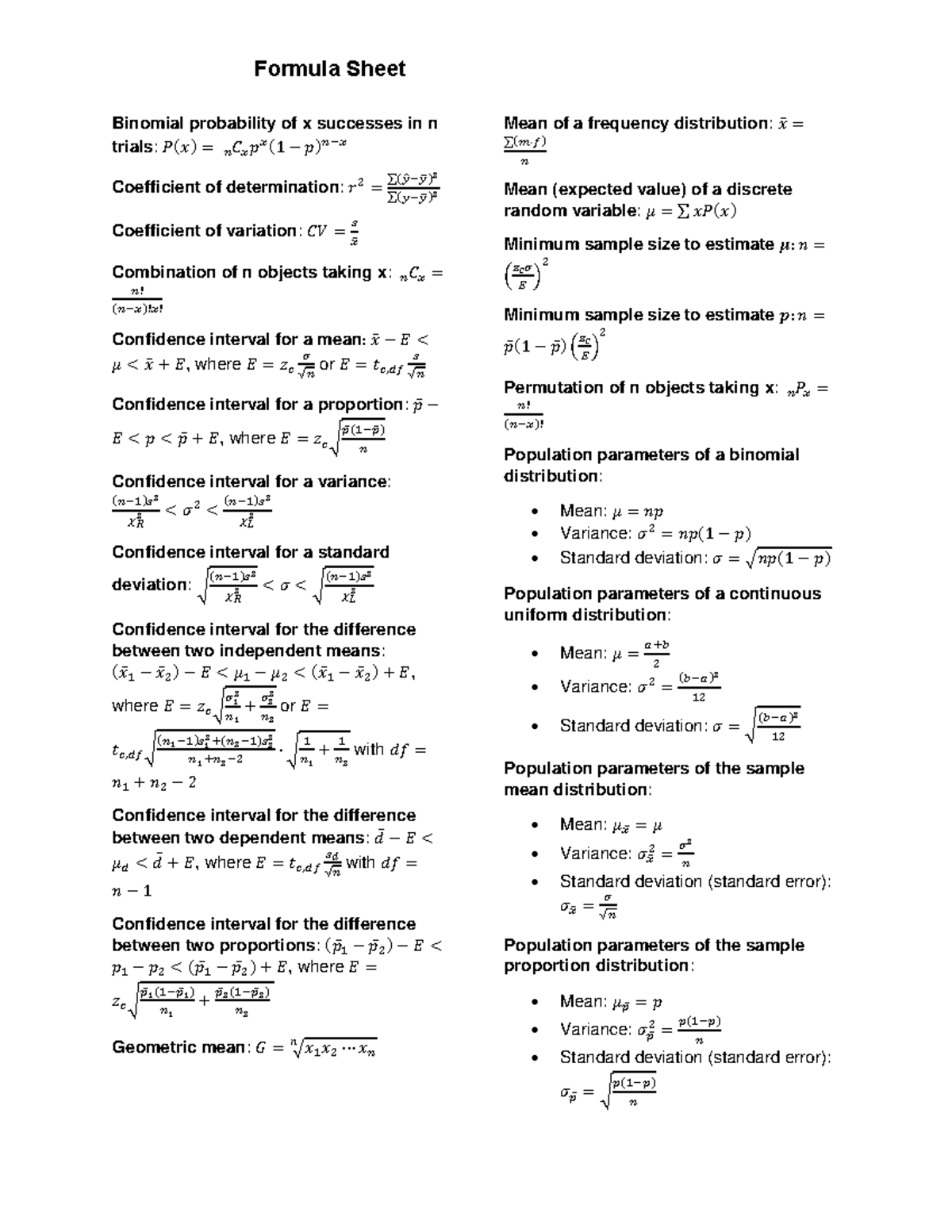 M134 Formula Sheet - Formula Sheet Binomial probability of x successes ...