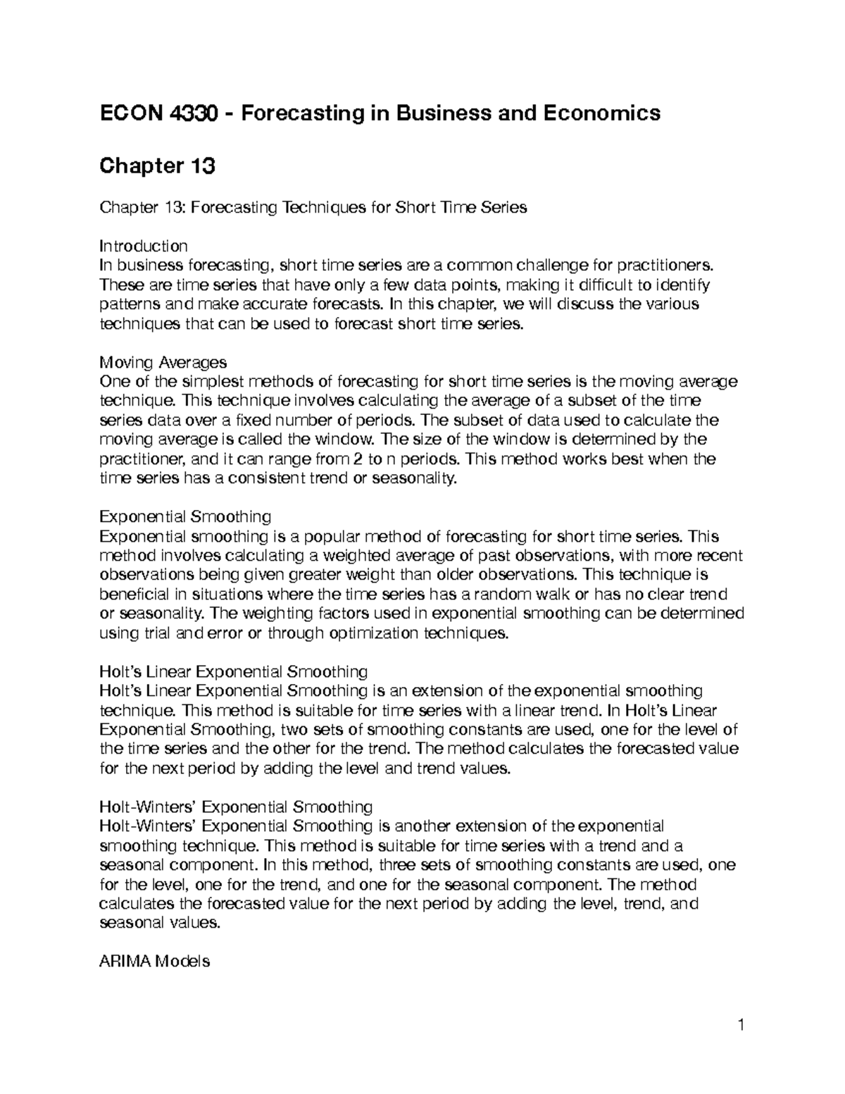 ECON 4330 - Chapter 13 - ECON 4330 - Forecasting in Business and ...