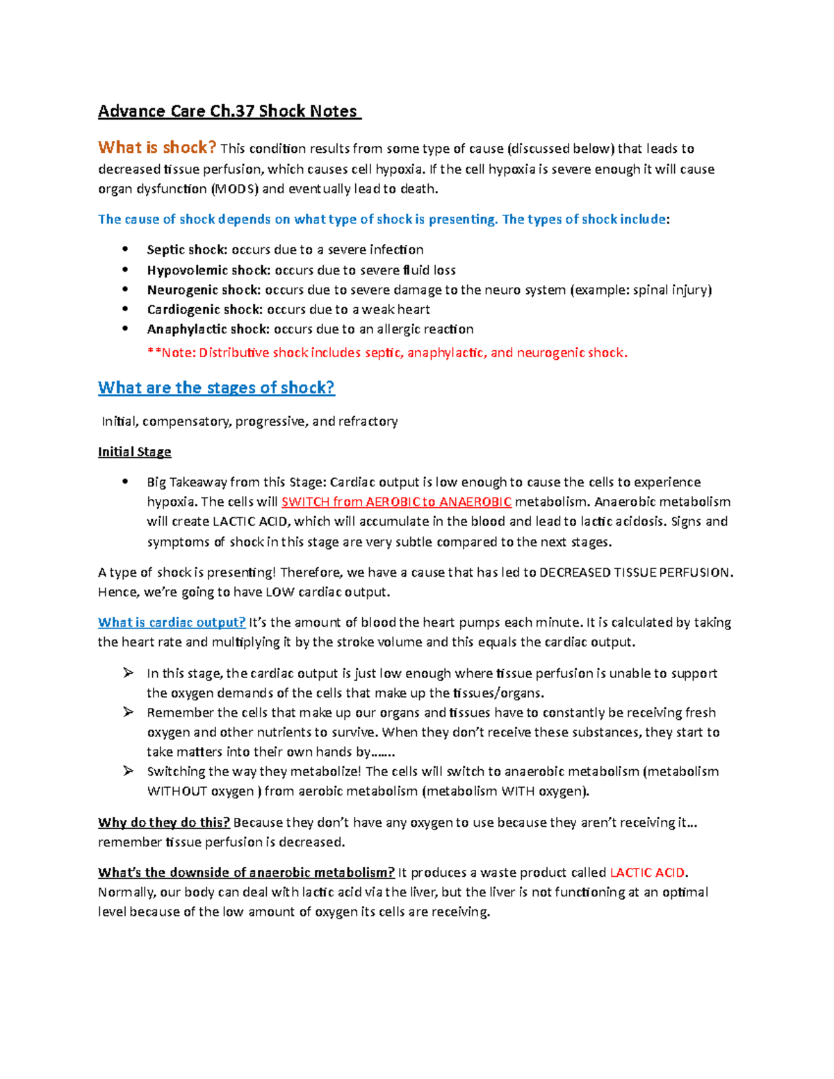 Advance care Notes Ch - Advance Care Ch Shock Notes What is shock? This ...