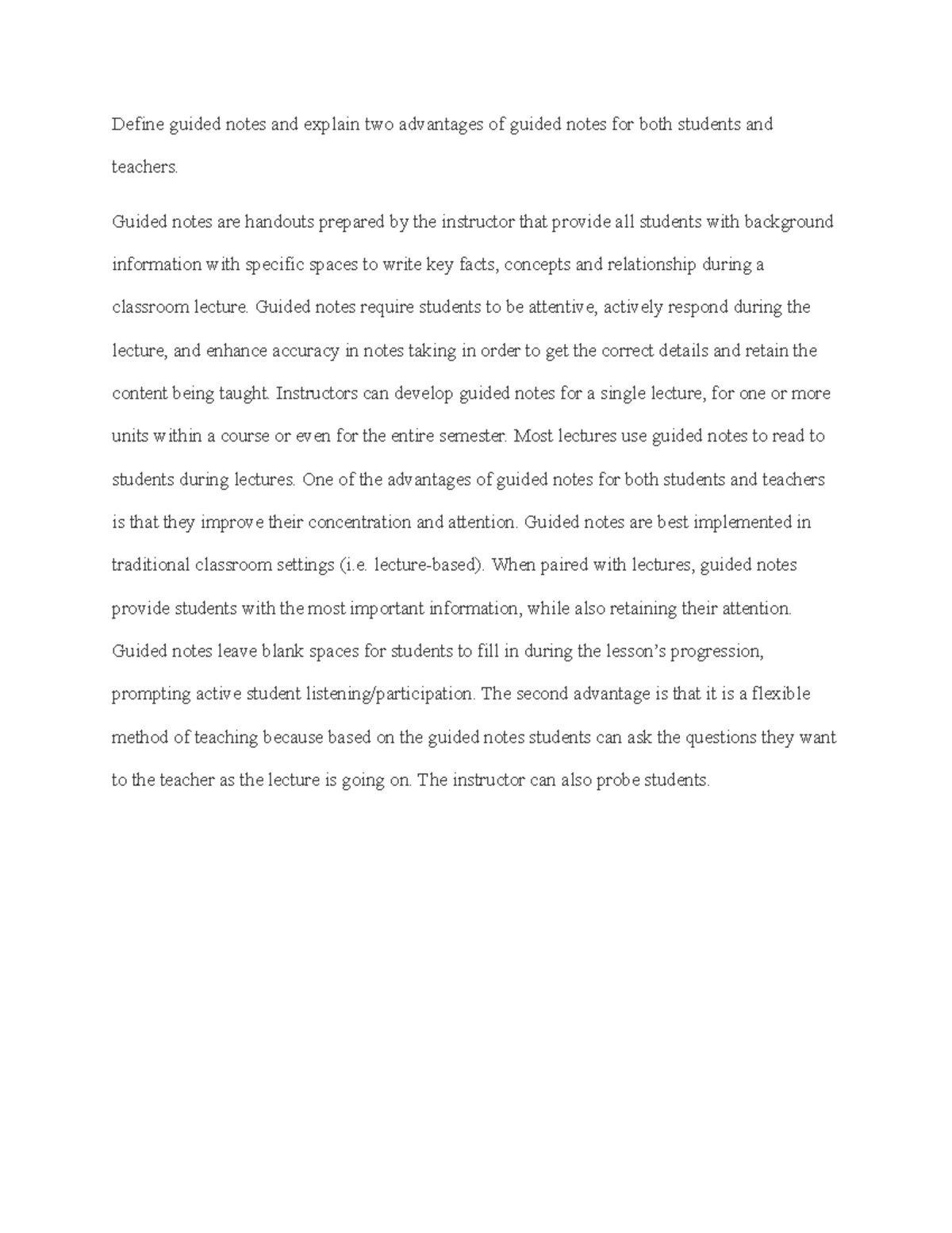 Define guided notes and explain two advantages of guided notes for both ...