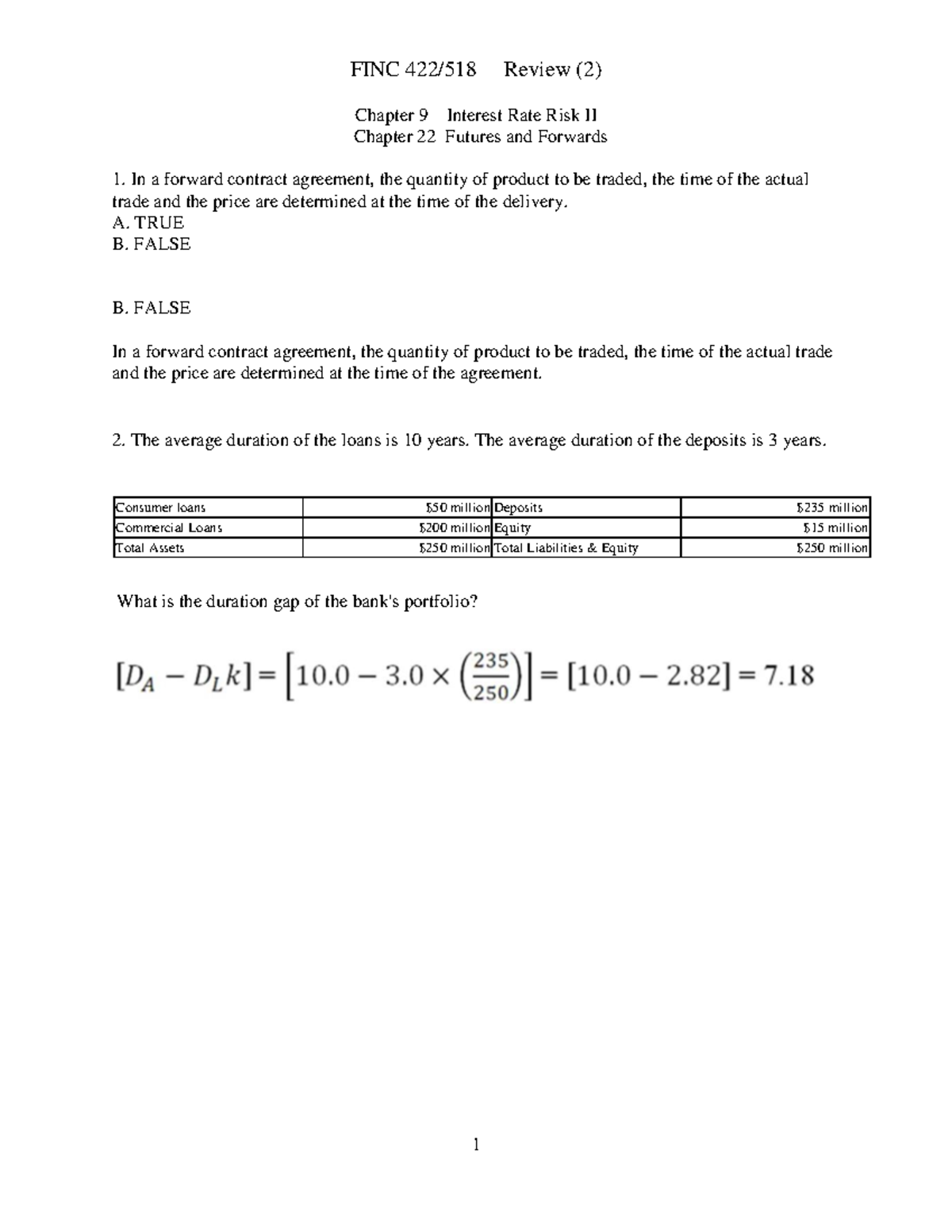 Review 2 Chapter 9 Interest Rate Risk Chapter 22 Future and Forwards Instructor Version ...