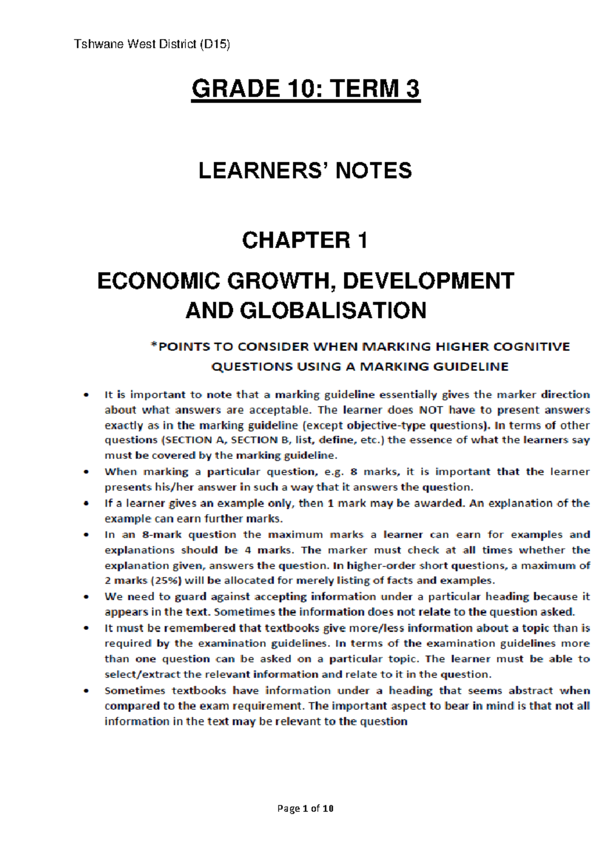 Economic growth, development and globalisation - GRADE 10: TERM 3 ...