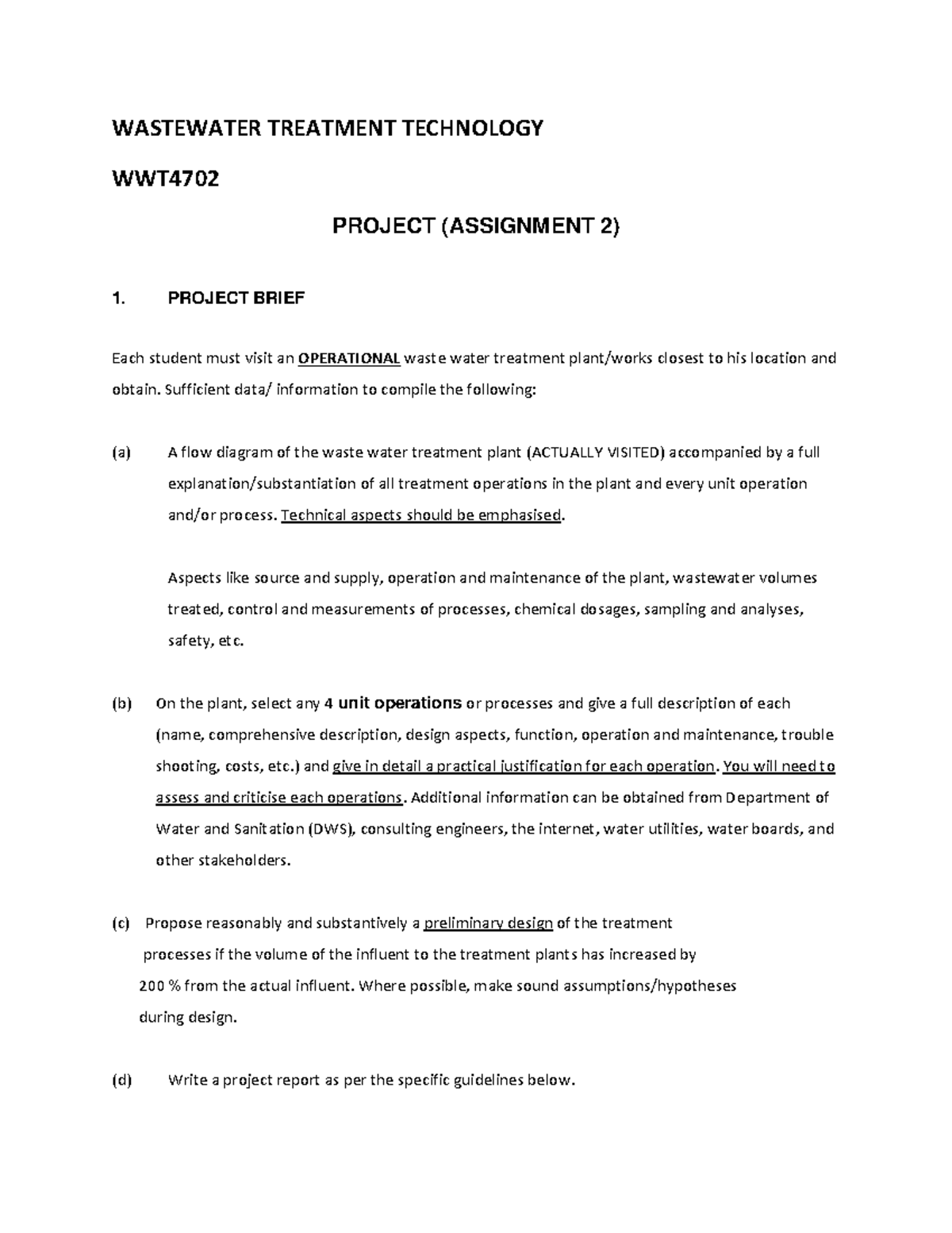 WWT4702 Assessment 2 (Project) - WASTEWATER TREATMENT TECHNOLOGY WWT ...