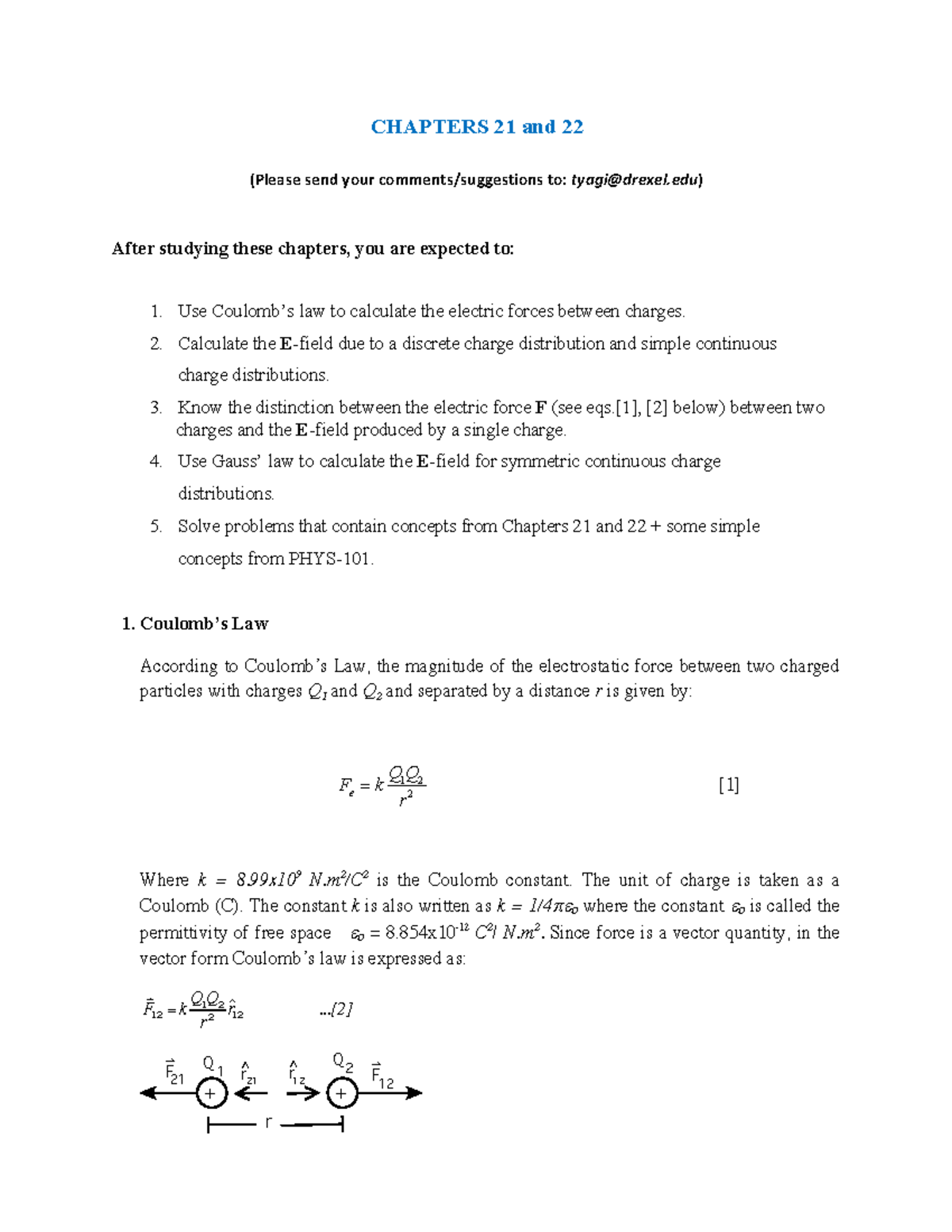 PHYS-102CH-21-22 Notes-Young - CHAPTERS 21 and 22 (Please send your ...