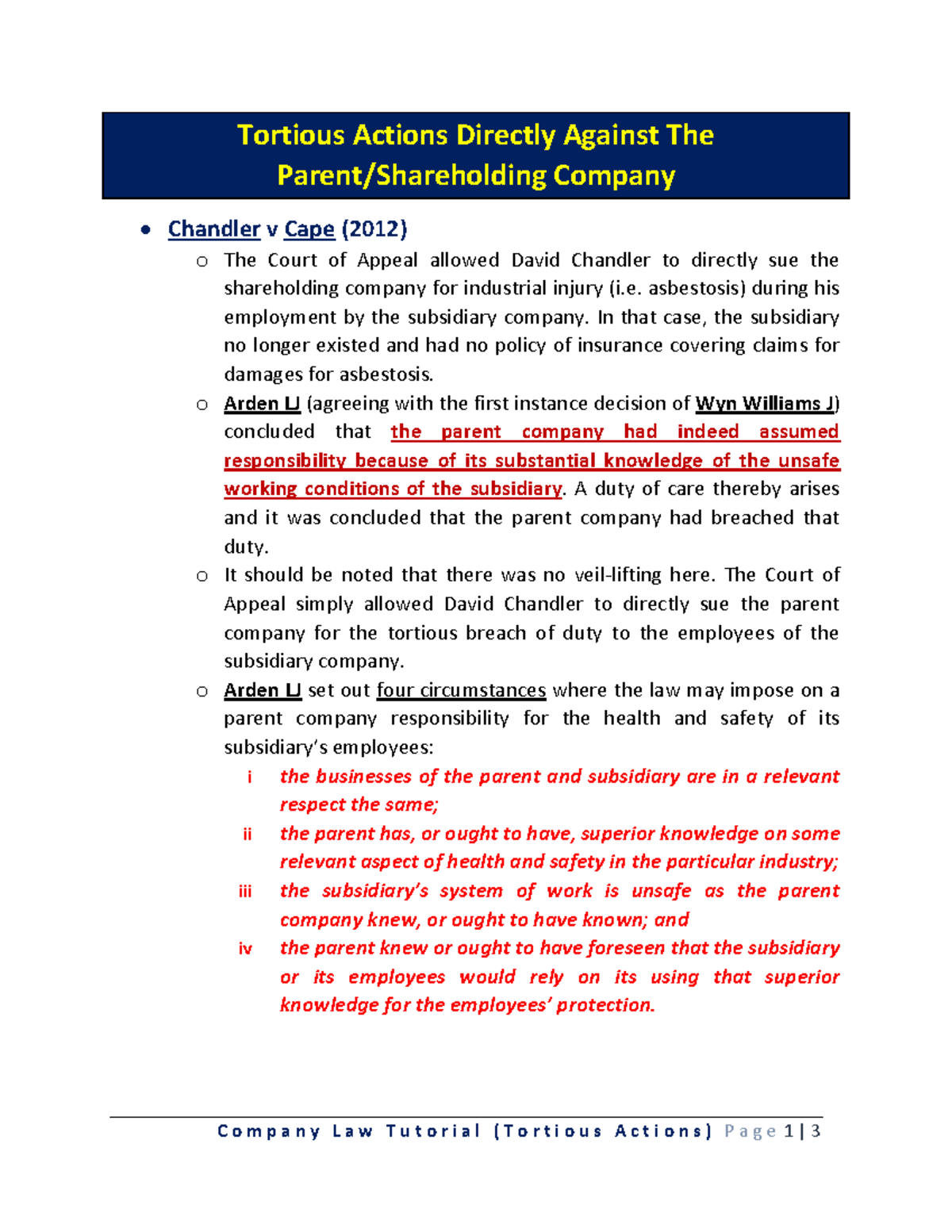 Summary Notes - Tortious Actions - C o m p a n y L a w T u t o r i a l ...