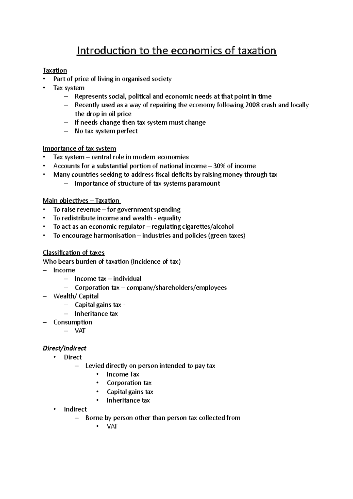 Economics of Tax - Lecture notes 5/6 - Introduction to the economics of ...