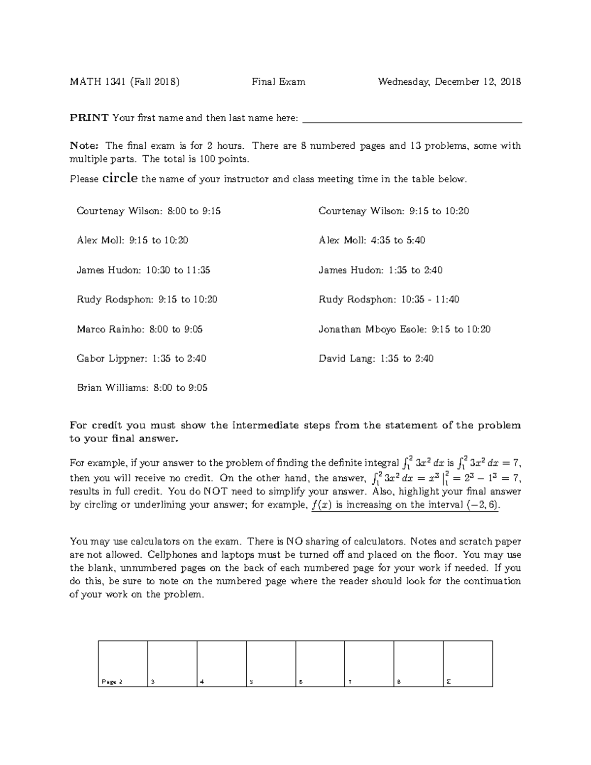 1341 Final EXAM Fall2018 with solutions - MATH 1341 (Fall 2018) Final Exam Wednesday, December ...