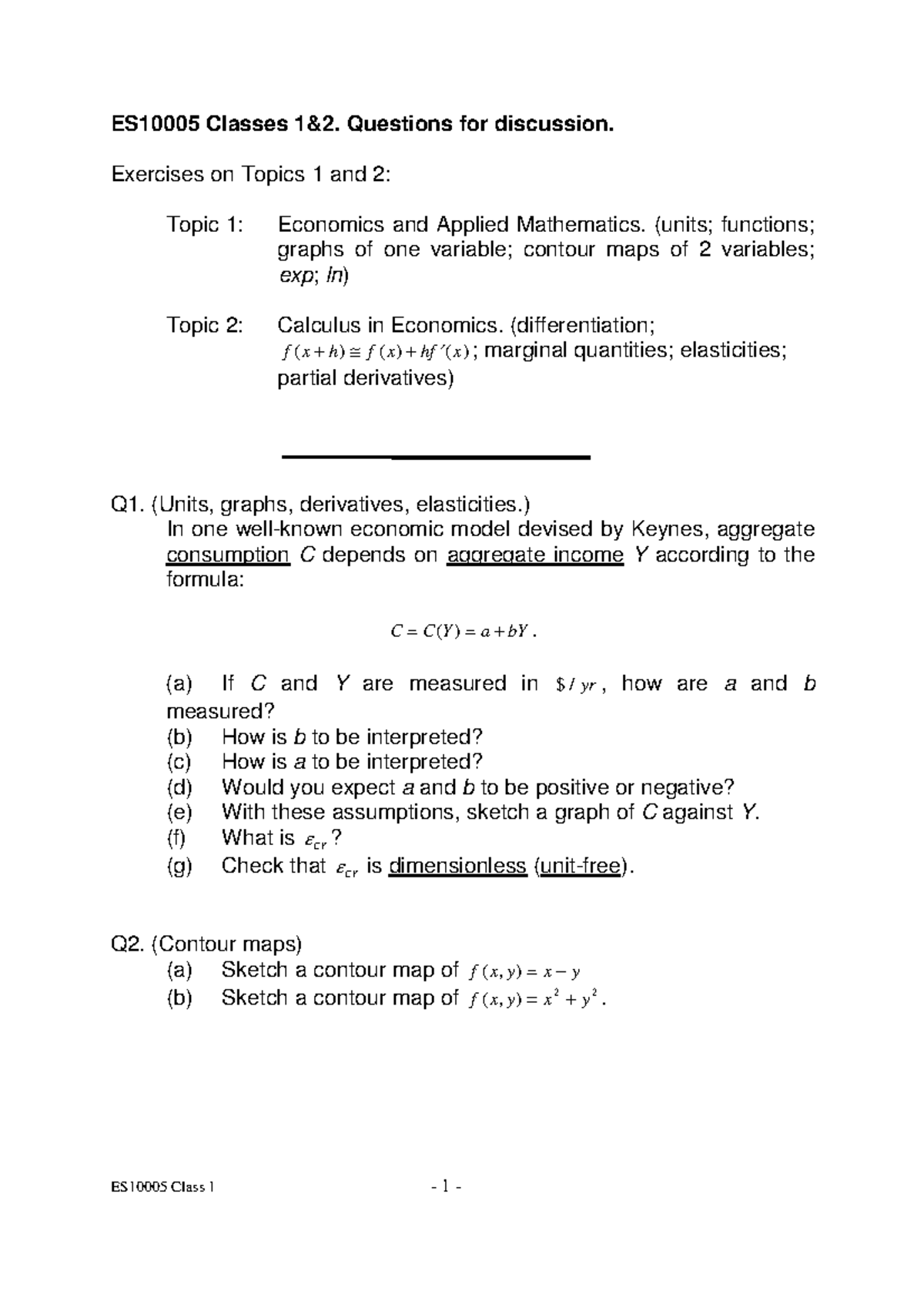 ES10005 Class 1 Questions ES10005 Classes 1 amp 2 Questions For es10005-class-1-questions-es10005-classes-1-amp-2-questions-for