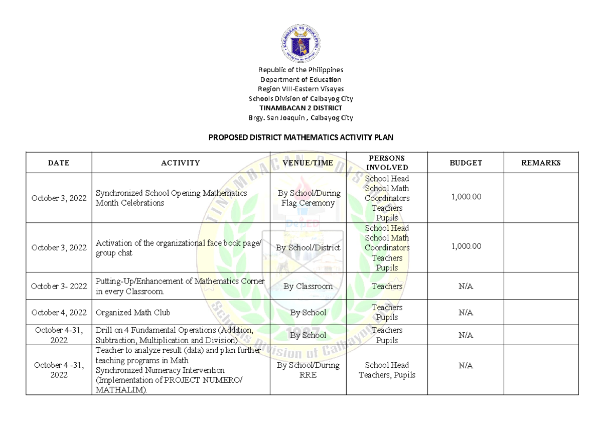 597946442 District math activity plan - Republic of the Philippines ...