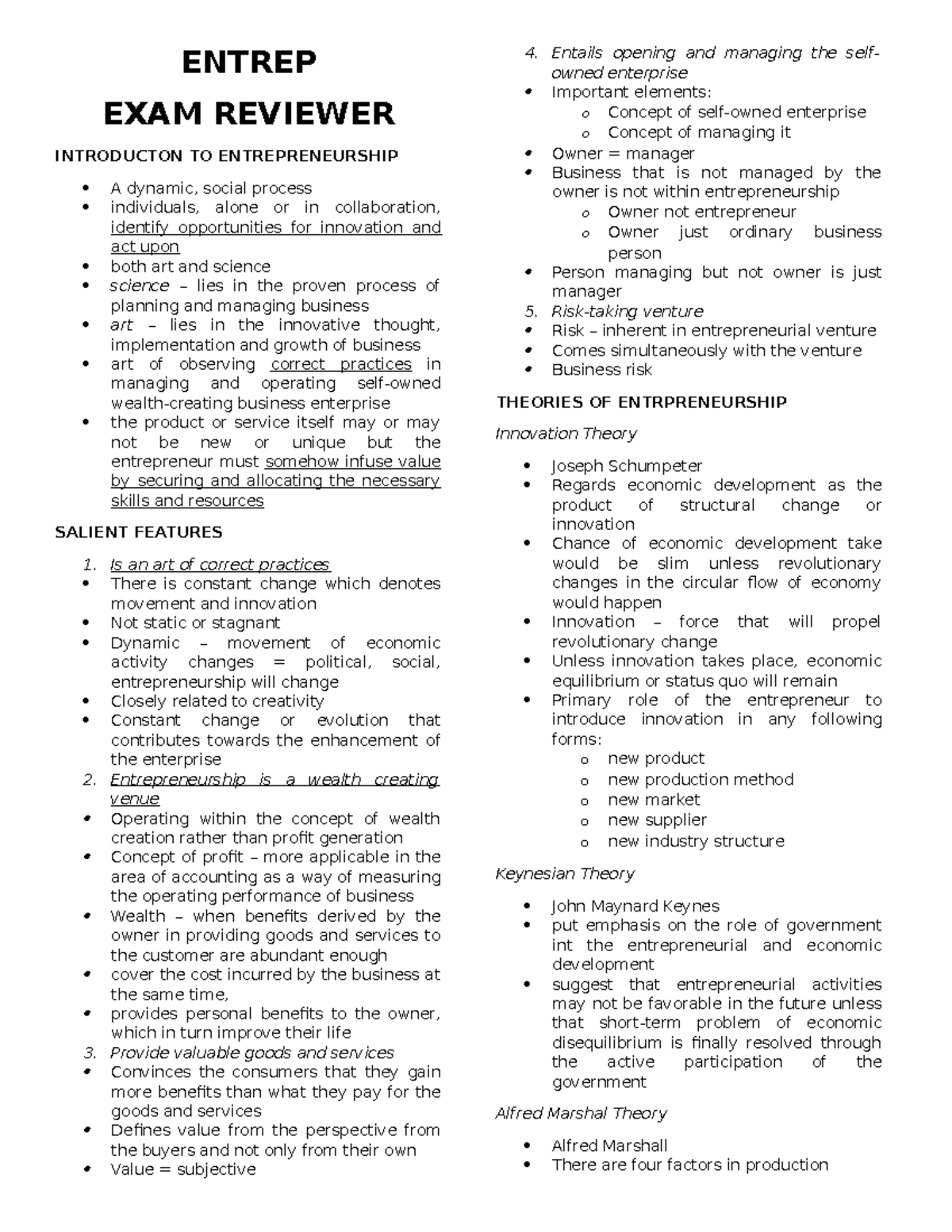 Introduction to Entrepreneurship - ENTREP EXAM REVIEWER INTRODUCTON TO ...